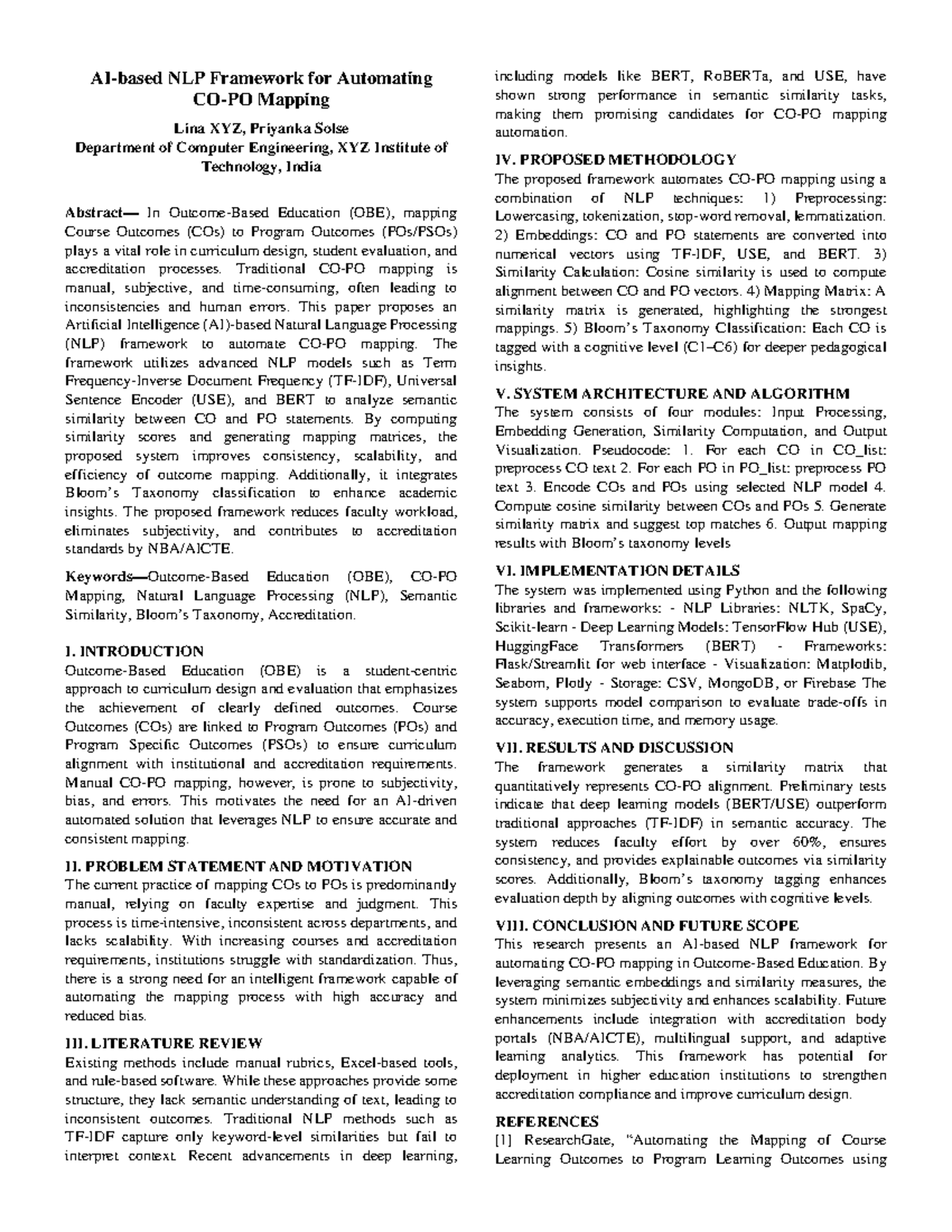 NLP Framework for Automating CO-PO Mapping in Education (AI) - Studocu
