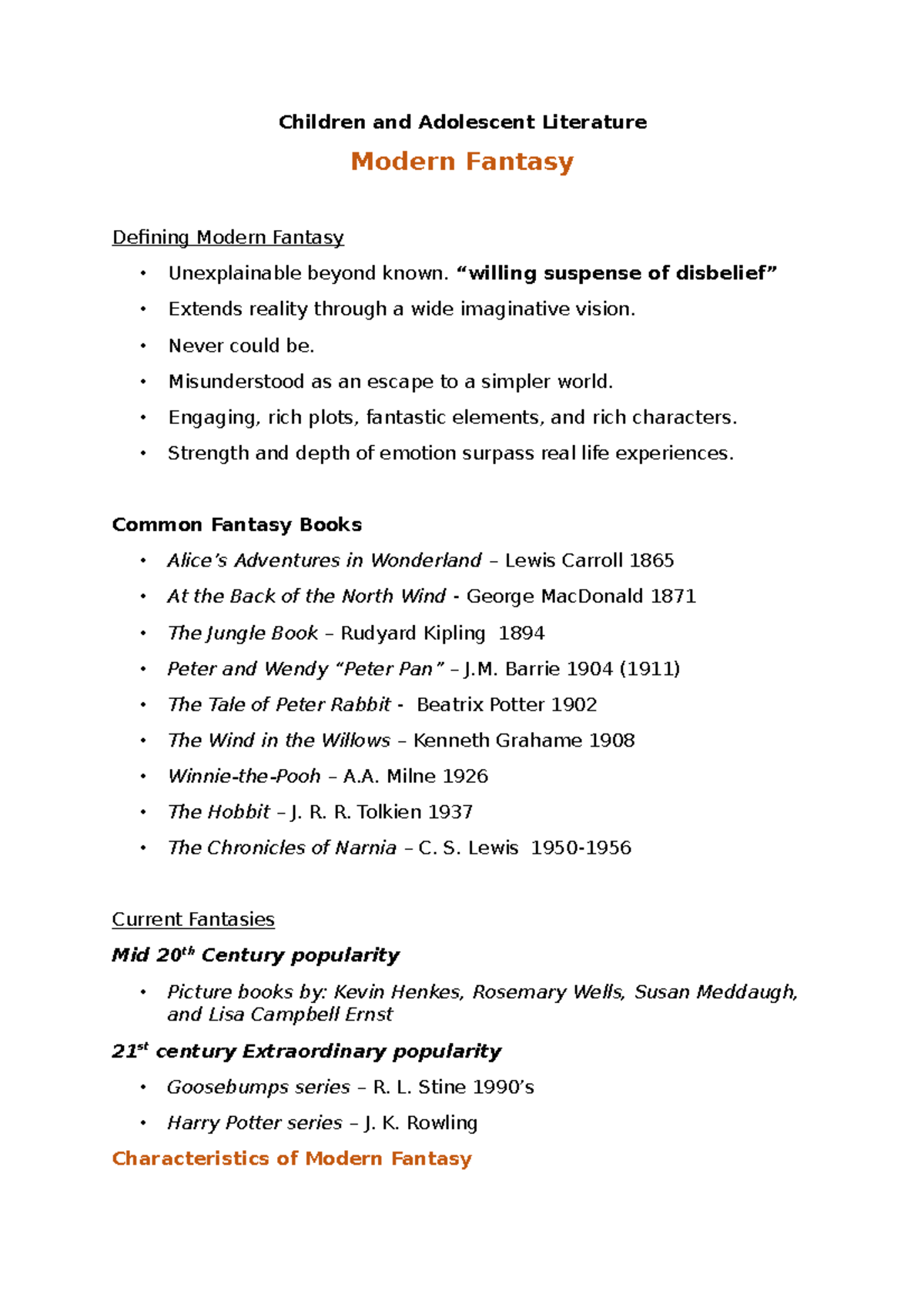 Children and Adolescent Lit: Modern Fantasy Overview and Analysis - Studocu
