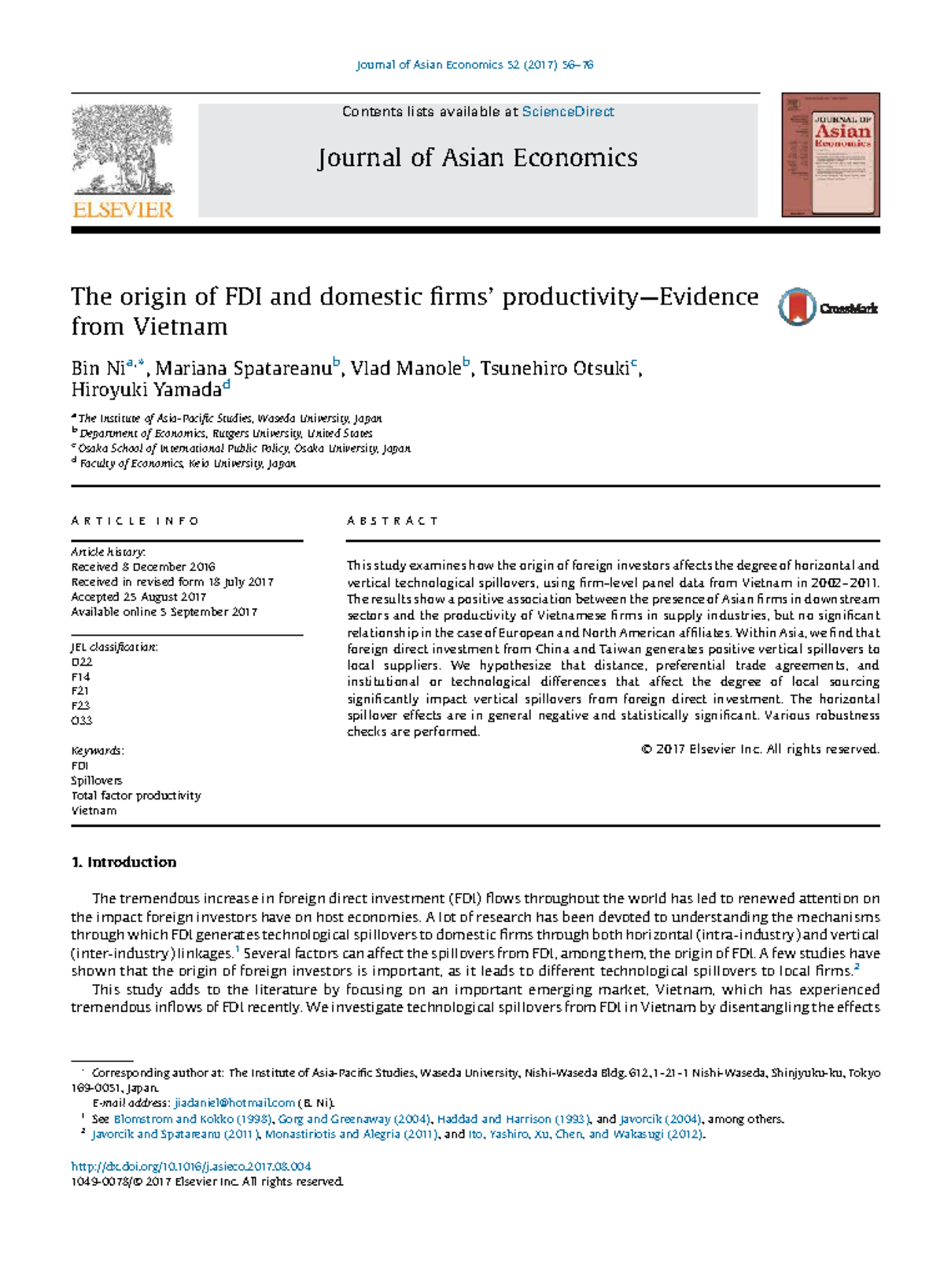 FDI Spillovers and Productivity in Vietnam: Insights from Asian ...