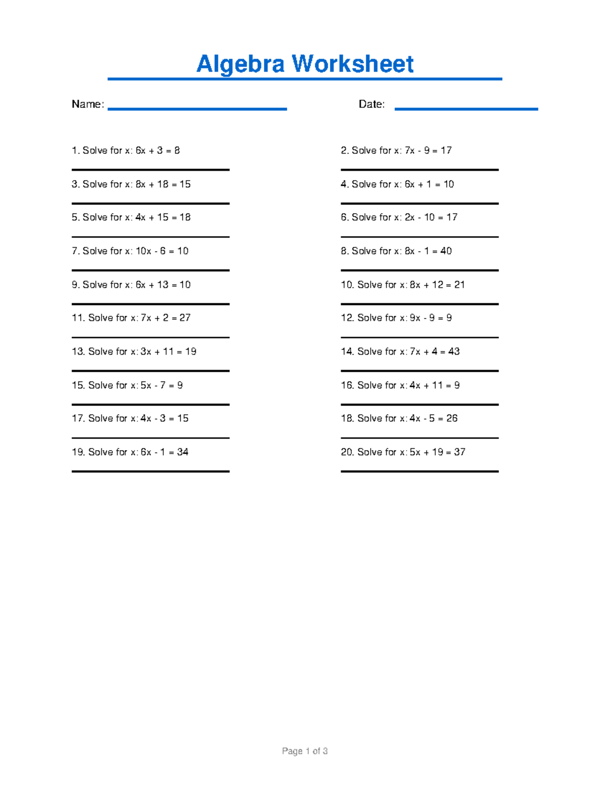 Algebra Worksheet 3: Problem Set and Answer Key - Studocu