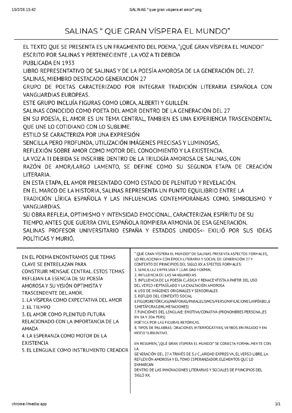 Salinas 15/2/26: Análisis del Poema "¡Qué Gran Víspera el Mundo!" - Studocu