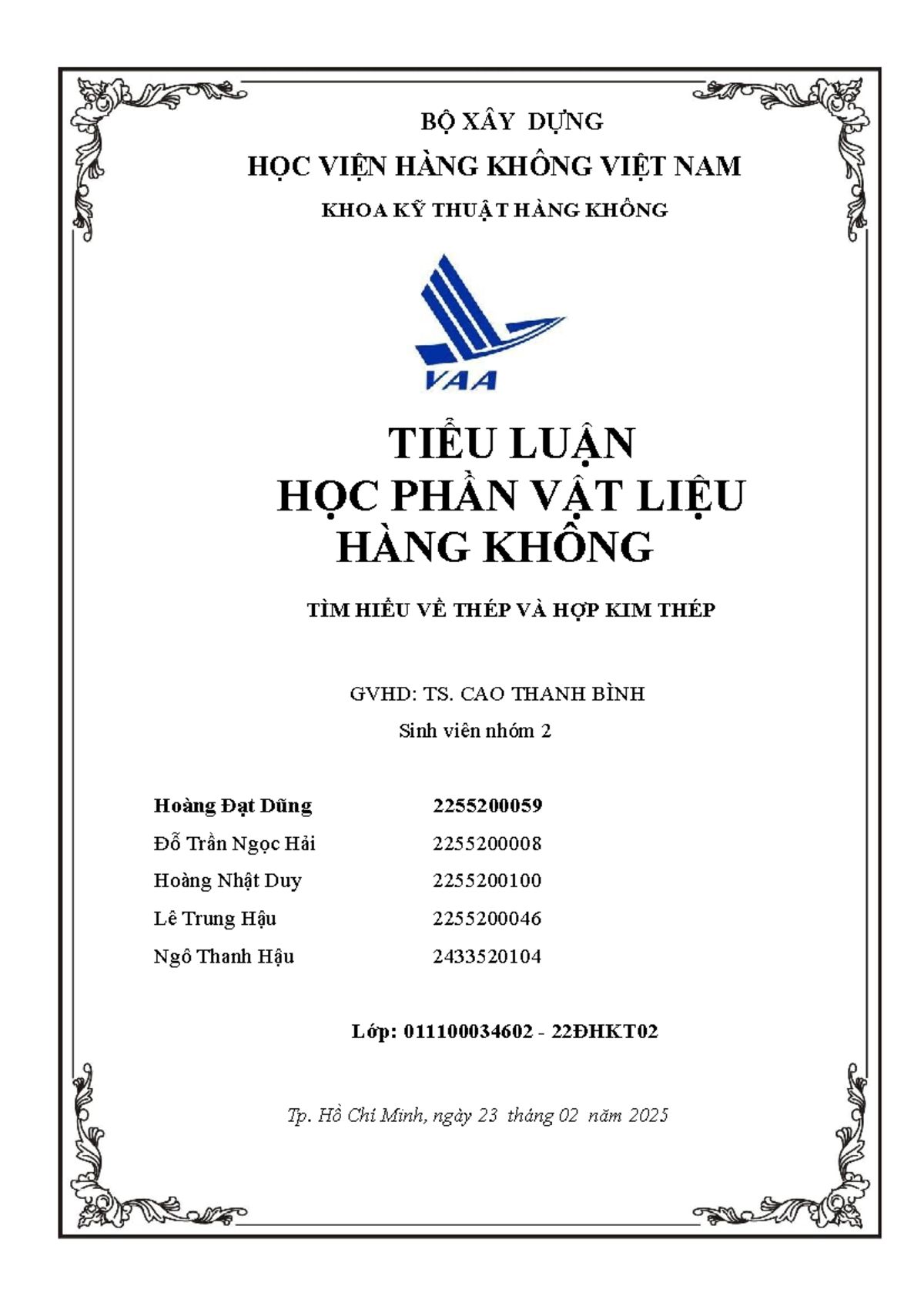 Nhóm 2 Hoàng Đạt Dũng 011100034602 VLHK 2024 2025 - BỘ XÂY DỰNG HỌC ...