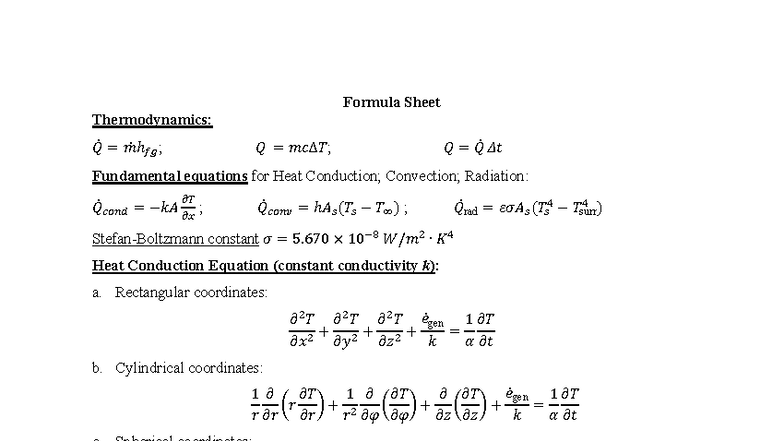 Thermodynamics Formula Sheet: Key Equations and Concepts - Studocu
