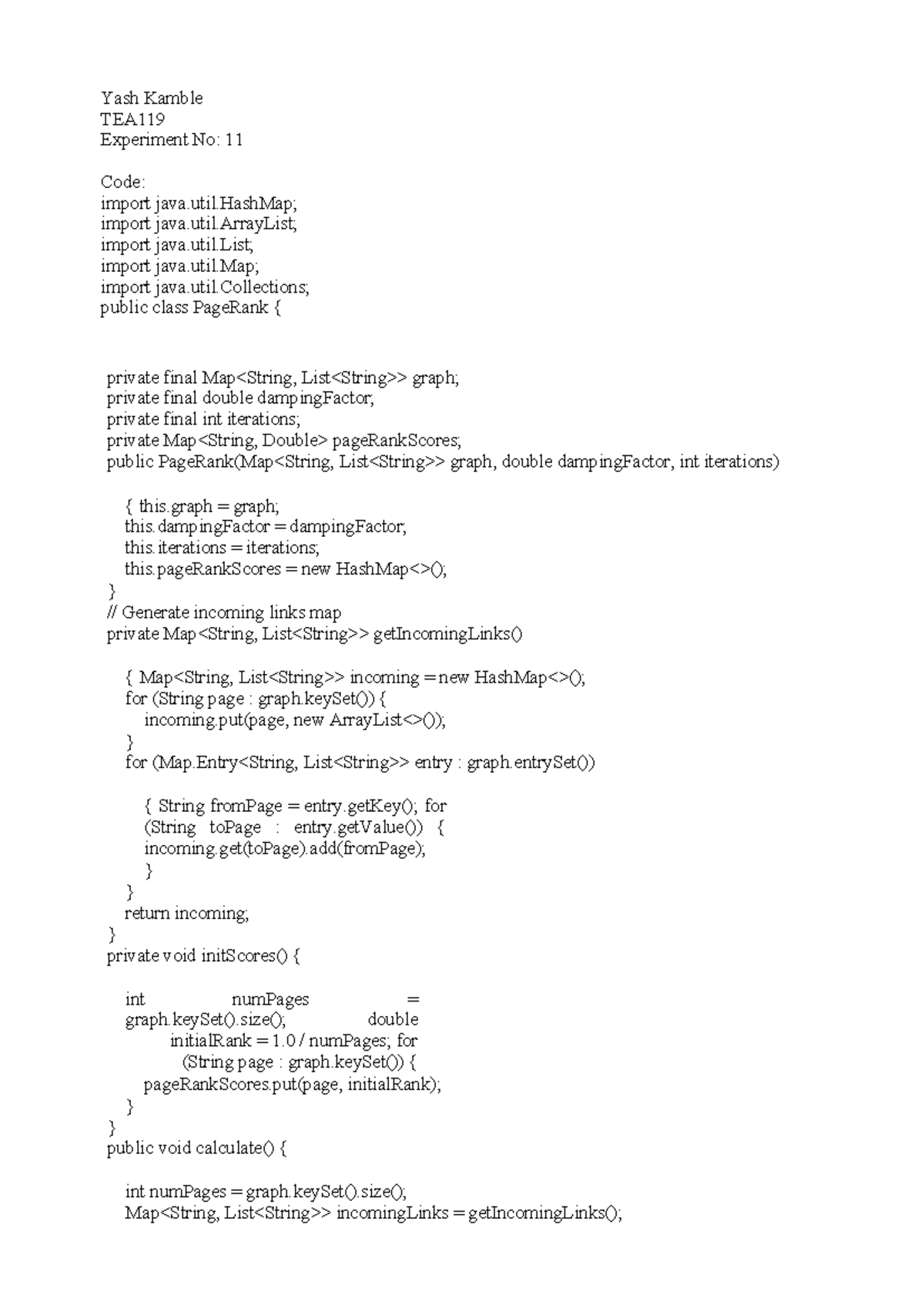 PageRank Algorithm Implementation - TEA119 Experiment 11 - Studocu