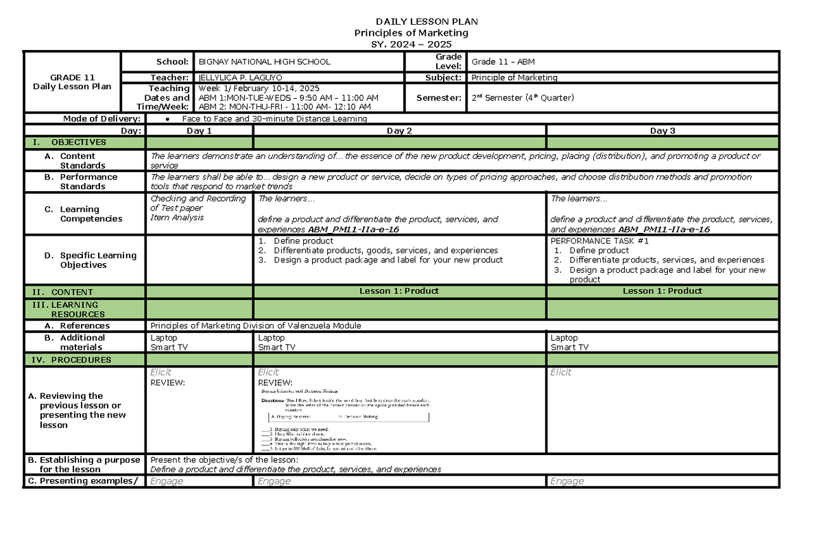 DLP-W1-PM 24-25-Q4 - ABM lesson Plan - DAILY LESSON PLAN Principles of Marketing SY. 2024 – 2025 ...
