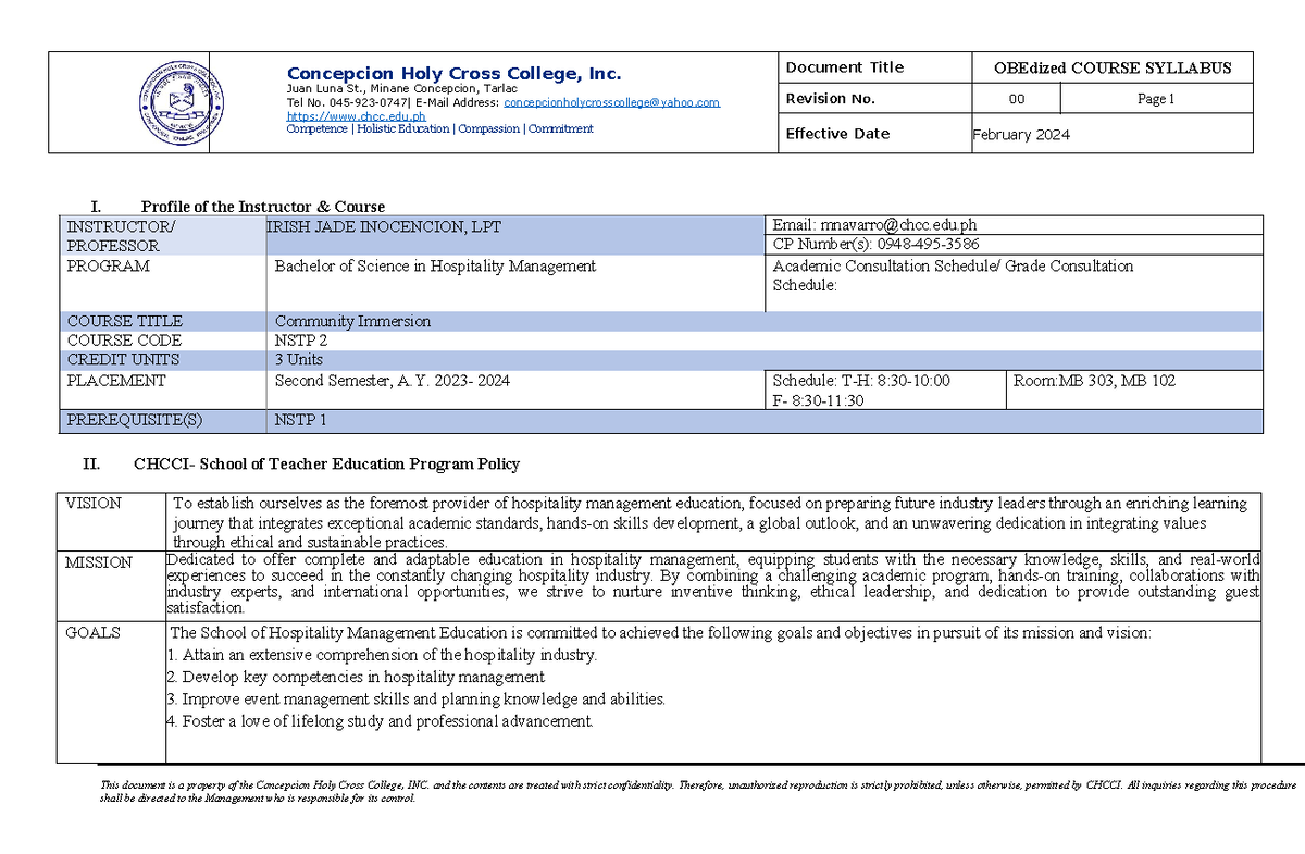 NSTP 2 syllabus - NSTP - Concepcion Holy Cross College, Inc. Juan Luna ...