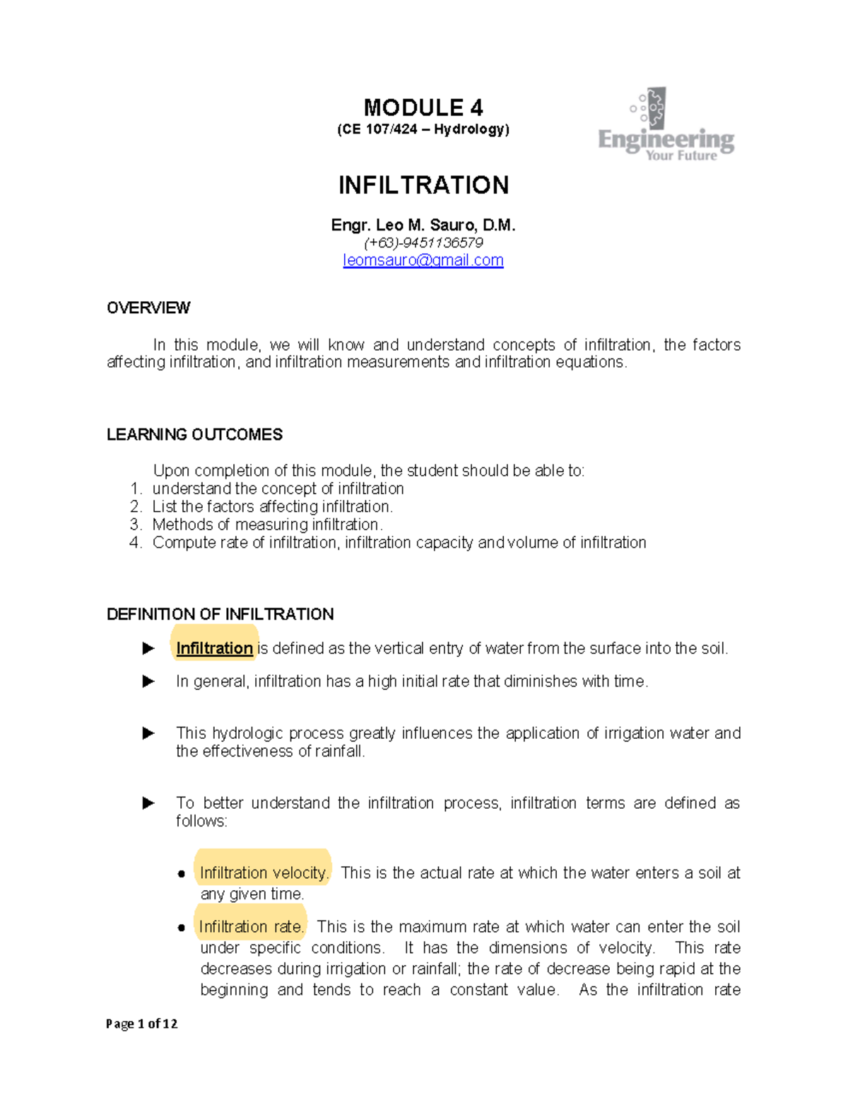 CE 107/424 Module 4: Hydrology - Infiltration Concepts & Measurement ...