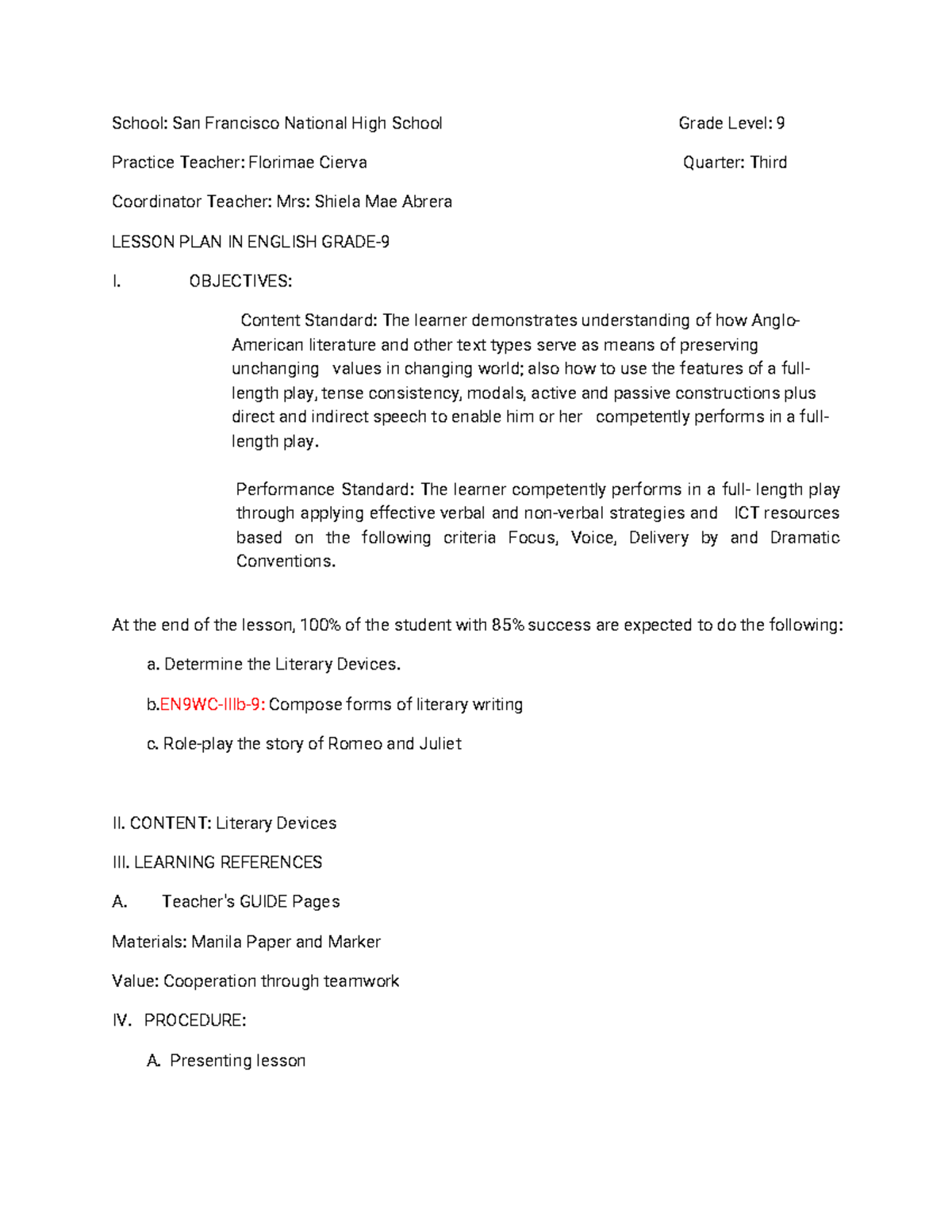 Lesson Plan for English I (Grade 9) - Literary Devices & Romeo and ...