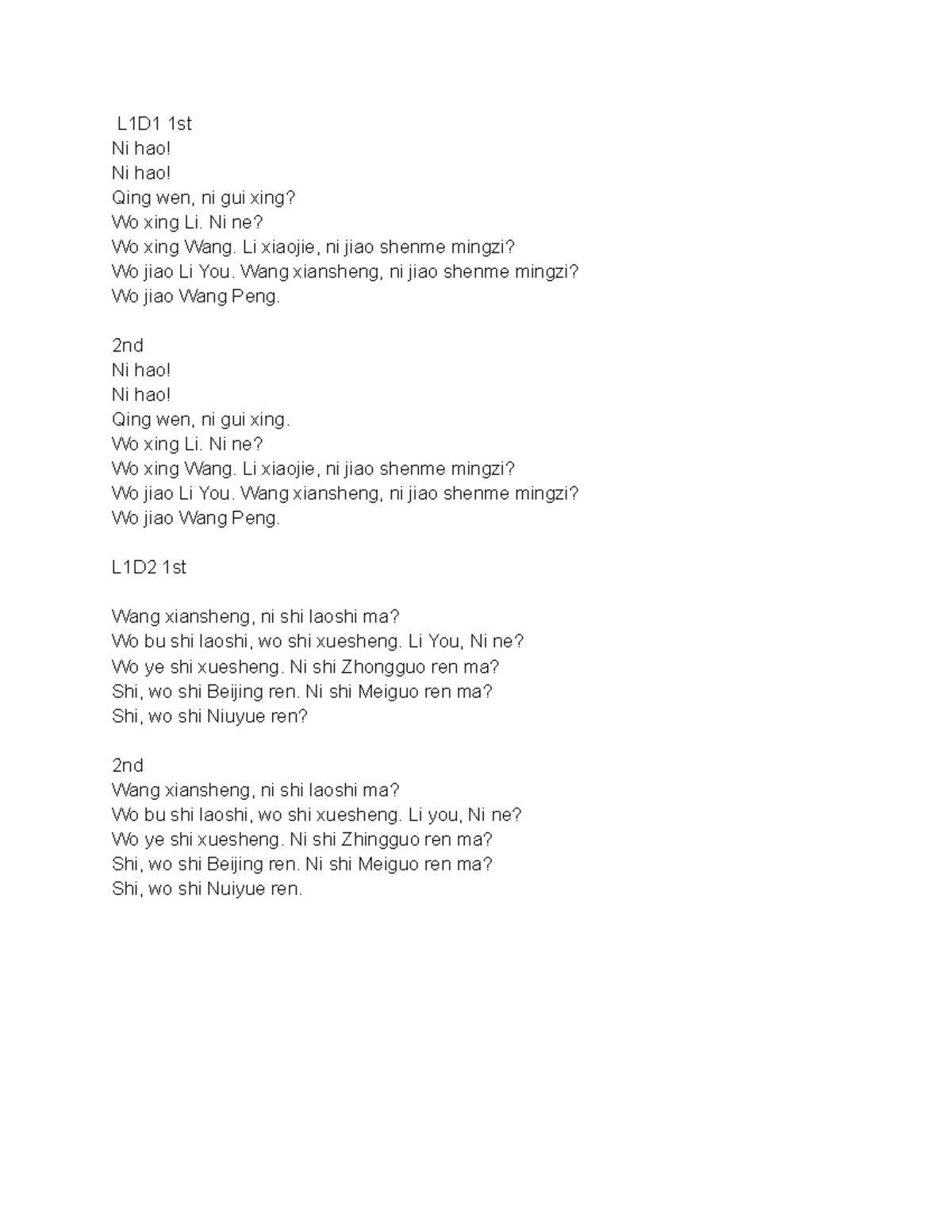 Typing assignment - pinyin and chinese writing - L1D1 1st Ni hao! Ni ...