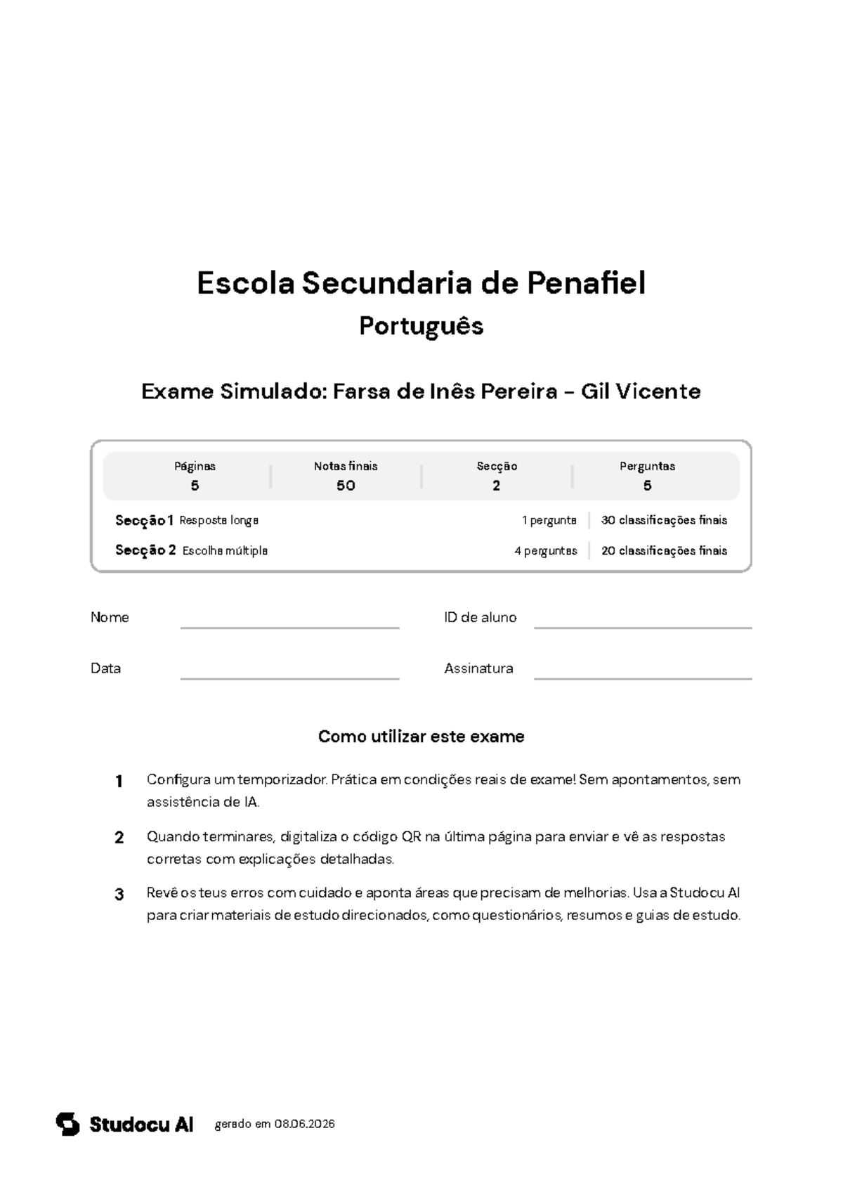 Exame Simulado: Farsa de Inês Pereira - Gil Vicente - Studocu