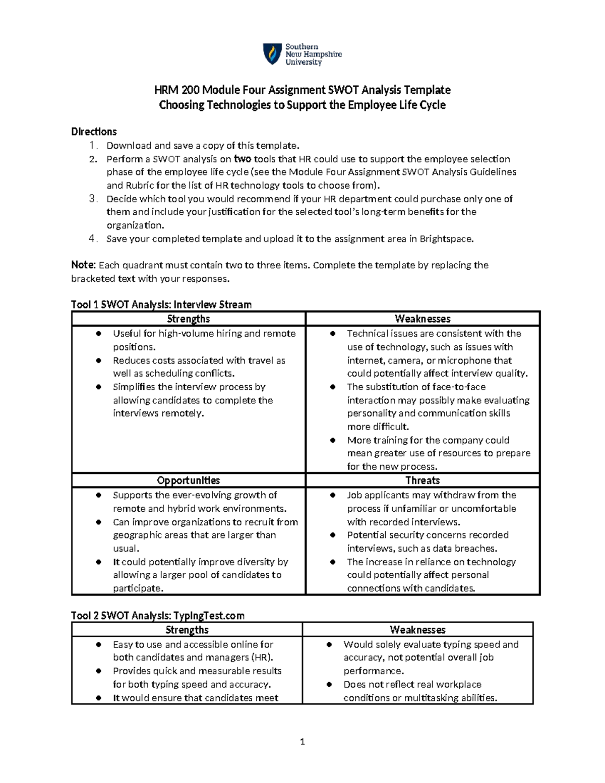 HRM 200 Module Four SWOT Analysis: Tech for Employee Selection - Studocu