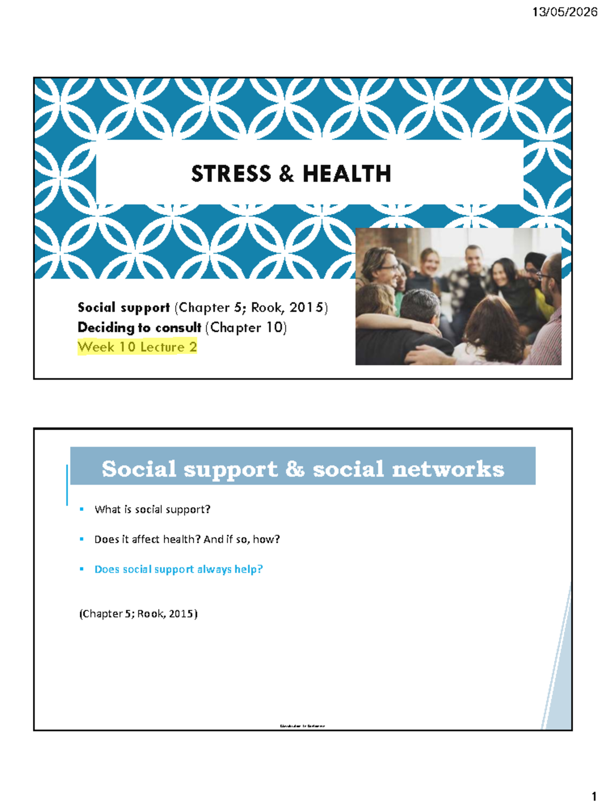 Week 10 Lecture 2: Stress & Health - Social Support - Studocu
