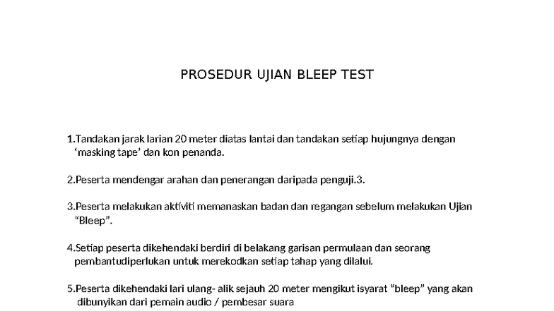 Prosedur Ujian Bleep TEST: Langkah-langkah dan Arahan - Studocu