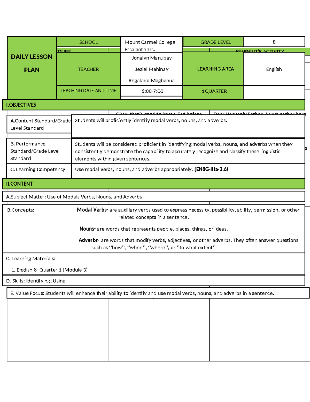 Modals verbs lesson plan - III. LEARNING PROCEDURE TEACHER’S ACTIVITY ...
