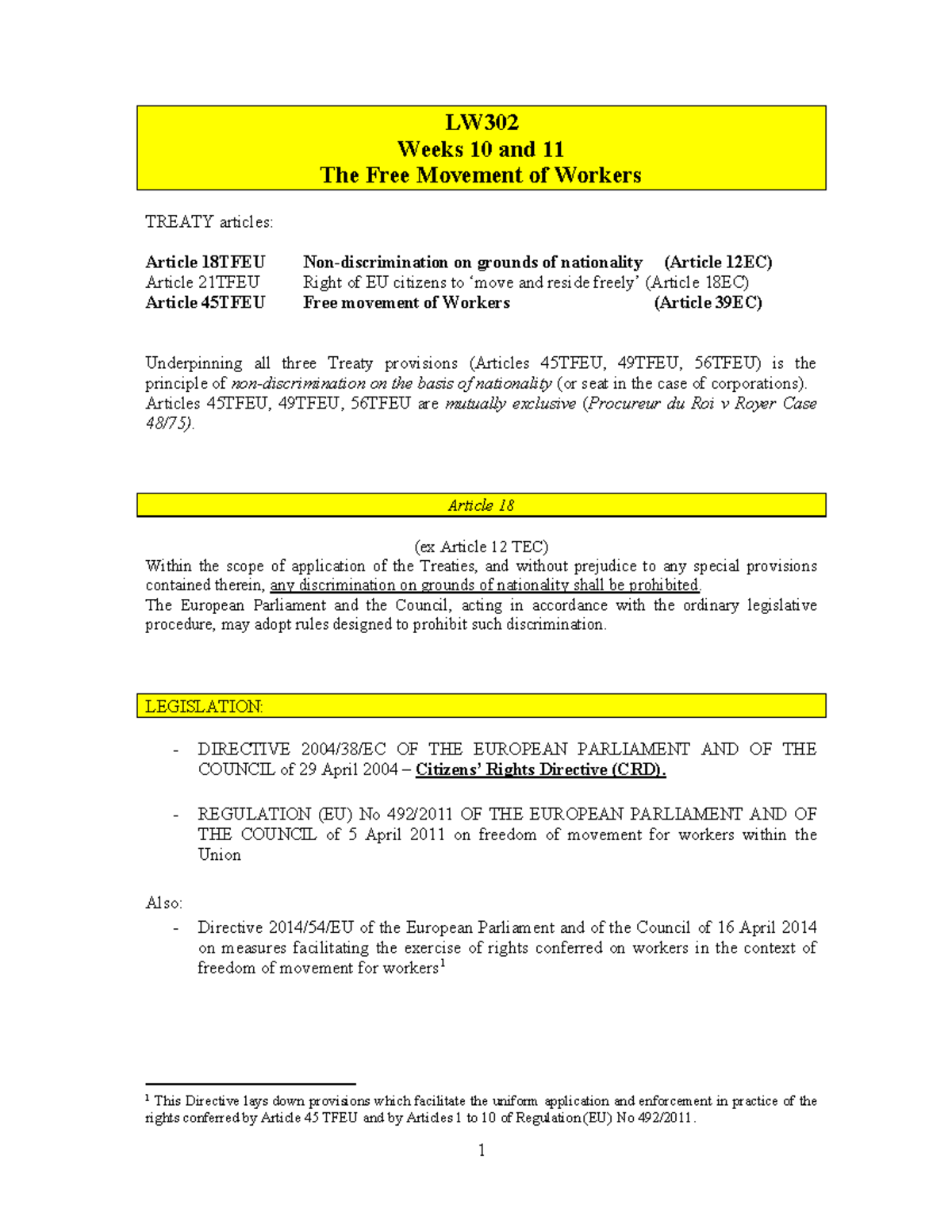 Free Movement of Workers: An In-Depth Analysis of EU Law (LW) - Studocu