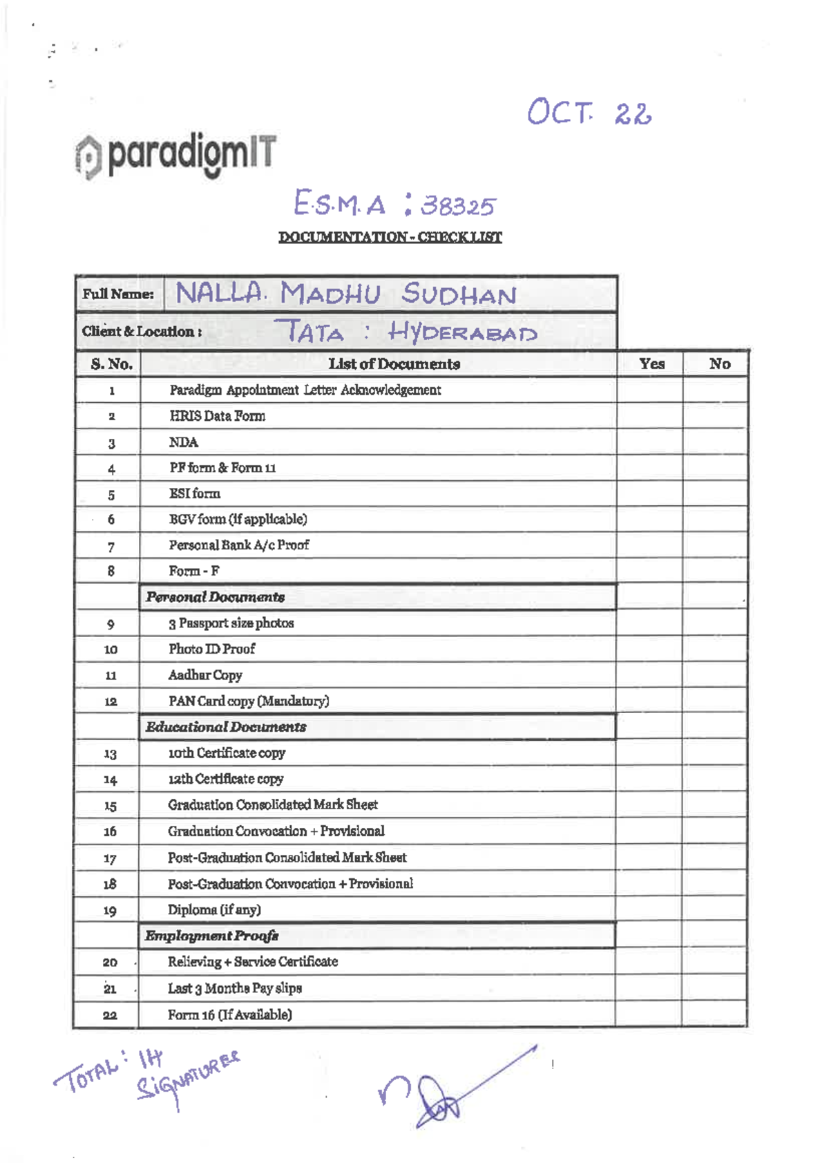 Sample Joining Kit - Documentation Checklist for ParadigmIT E.S.M 38325 ...