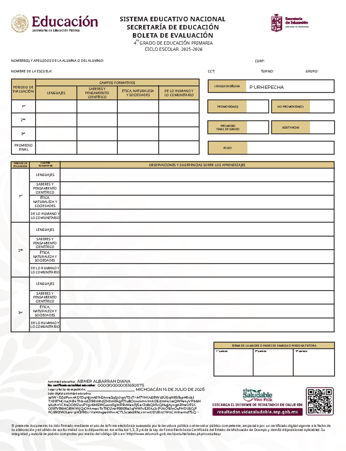 Boleta de Evaluación 4° Grado Educación Primaria 2025 - Studocu
