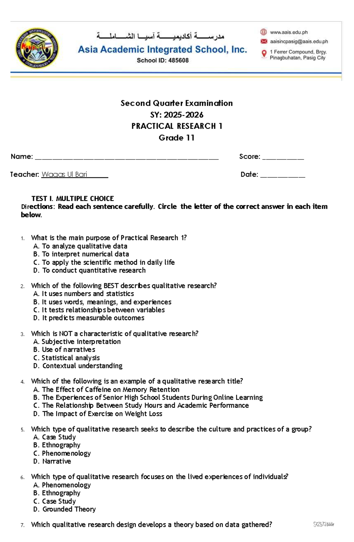 25-Waqas-Practical Research 1 - Final Exam - TD-110 - Studocu