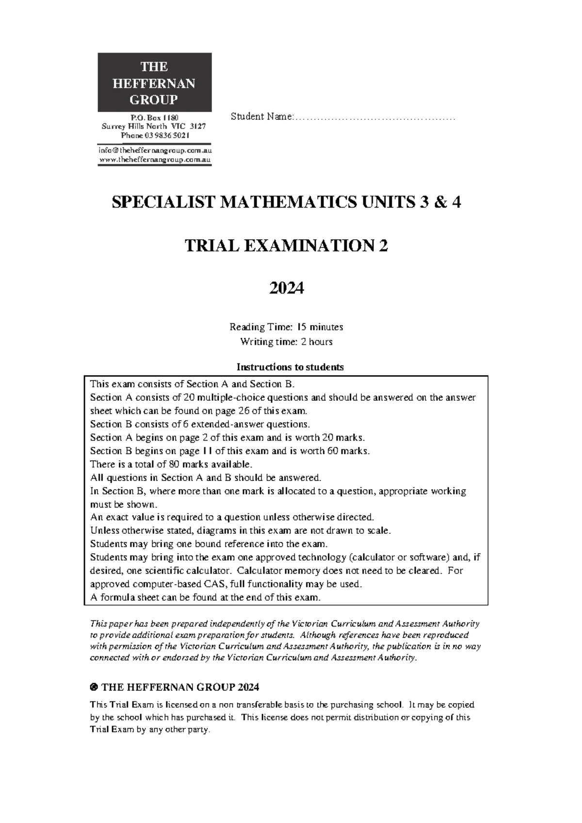 Specialist Maths formula sheet - SPECIALIST MATHEMATICS Written examinations 1 and 2 FORMULA ...