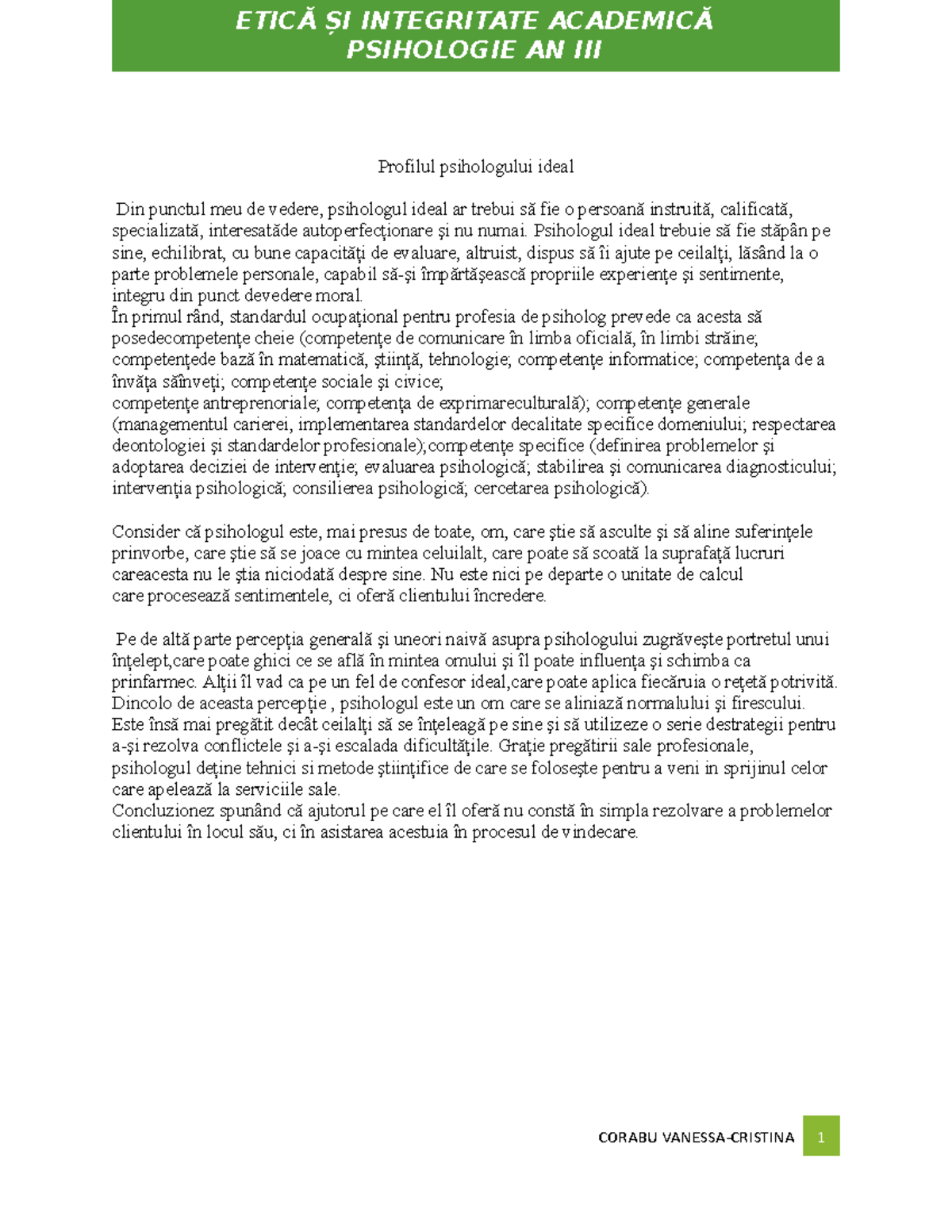 ETICĂ ȘI INTEGRITATE ACADEMICĂ – Profilul Psihologului Ideal ...