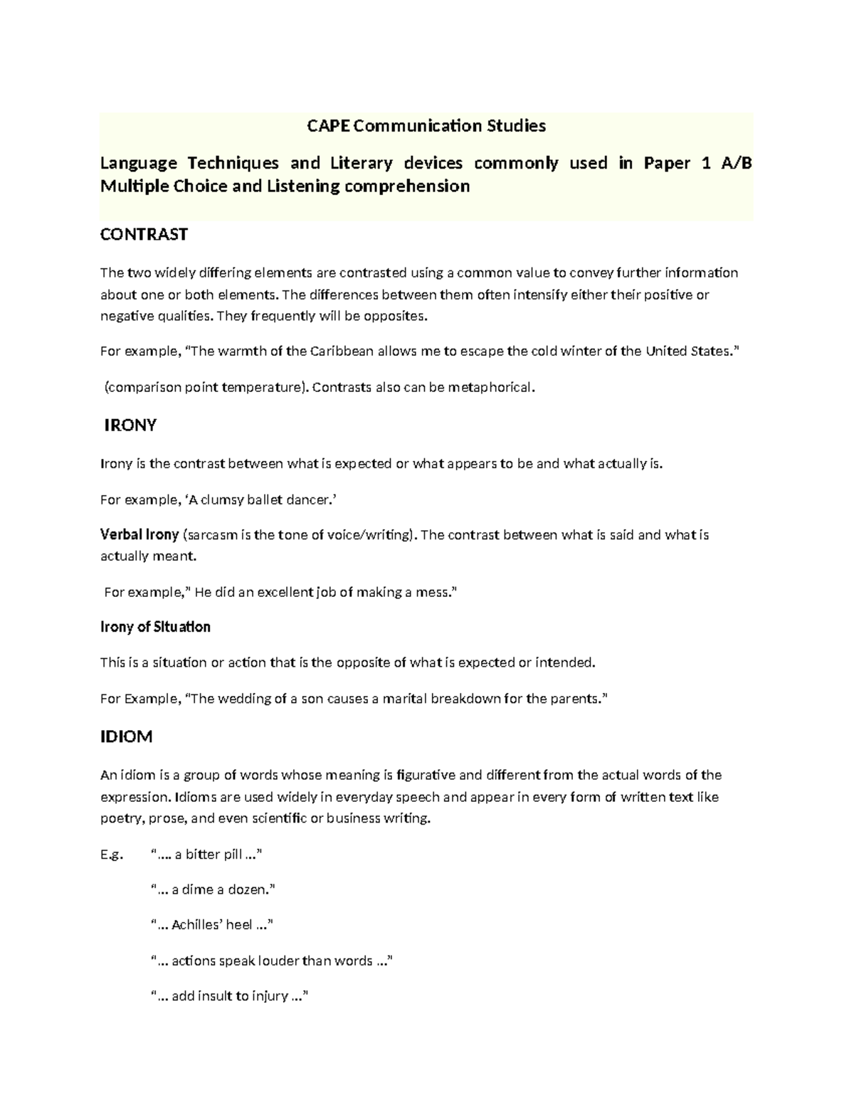 CAPE Communication Studies: Literary Devices in Paper 1 A & B - Studocu