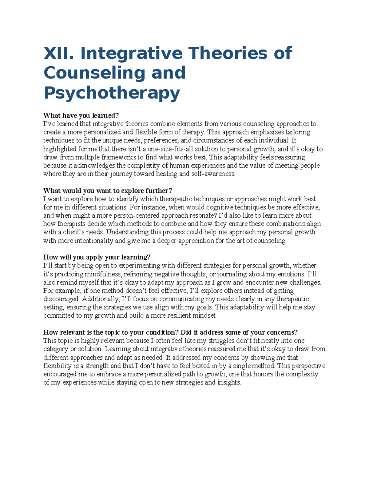 XII. Integrative Theories in Counseling & Psychotherapy Insights - Studocu
