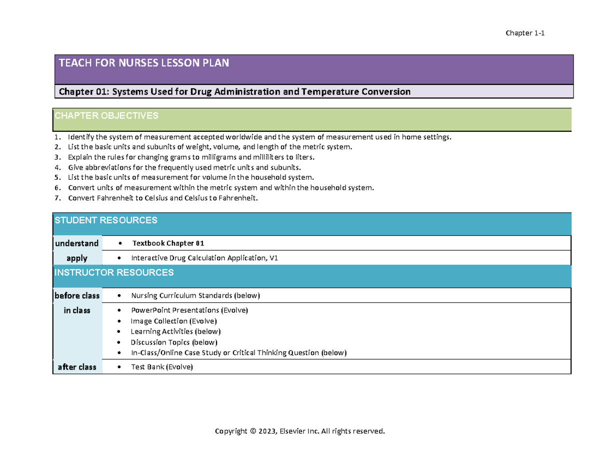 Chapter 001: Systems for Drug Admin & Temp Conversion - Lesson Plan ...