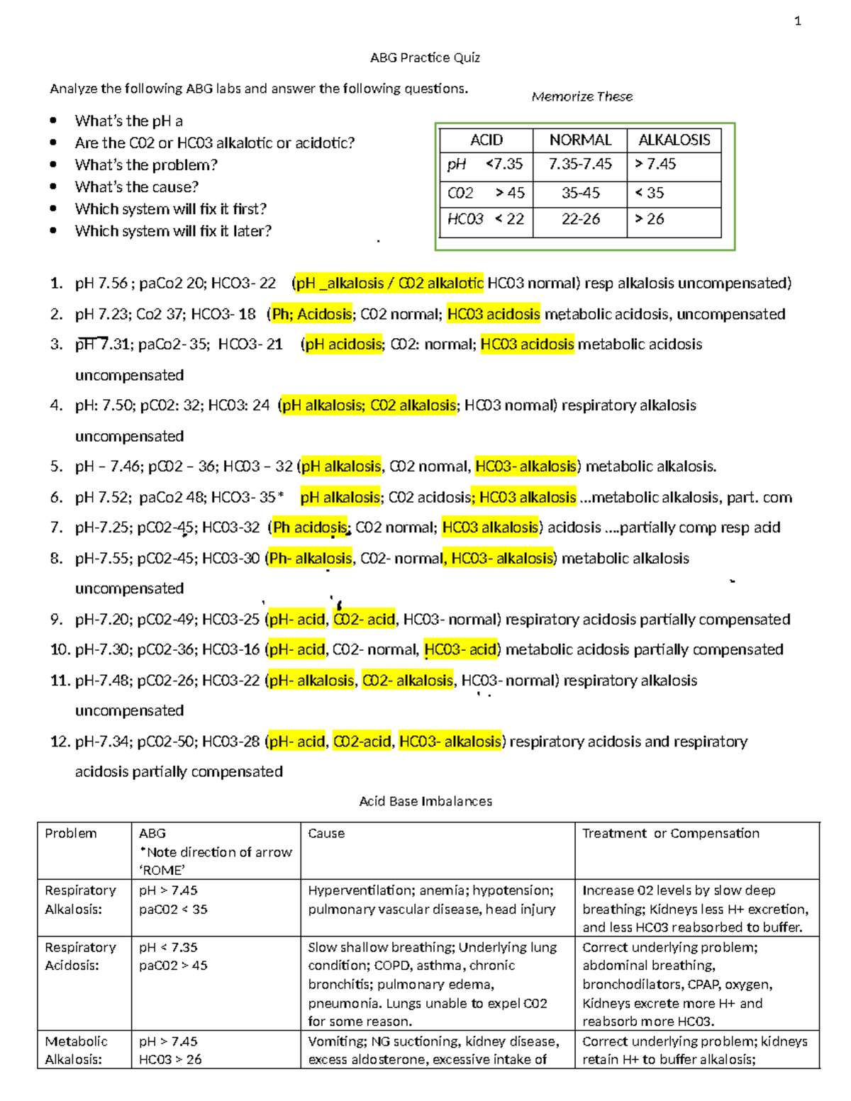 ABG Practice Questions - 1 ABG Practice Quiz Analyze the following ABG labs and answer the ...
