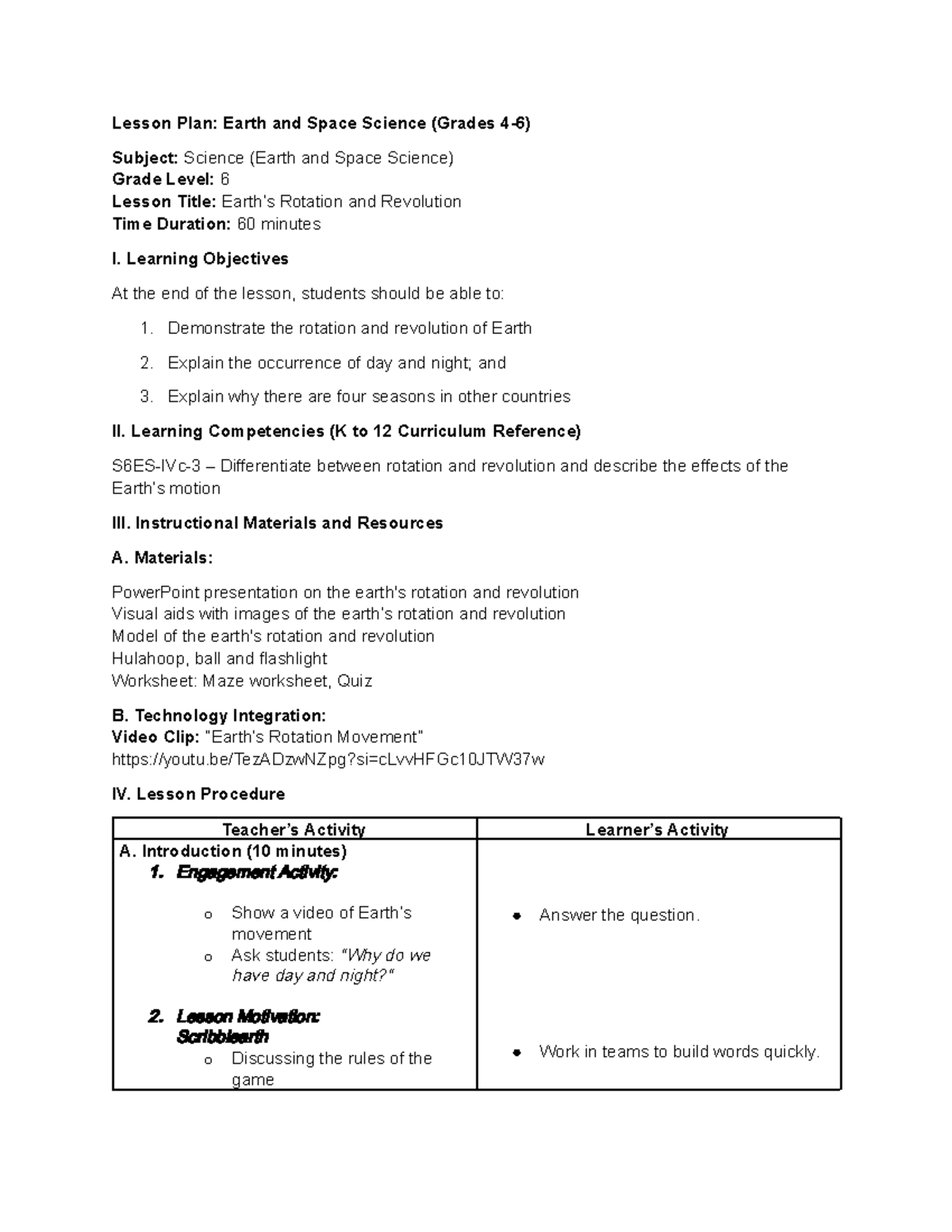 Detailed Lesson Plan: Earth's Rotation & Revolution (Grade 6) - Studocu