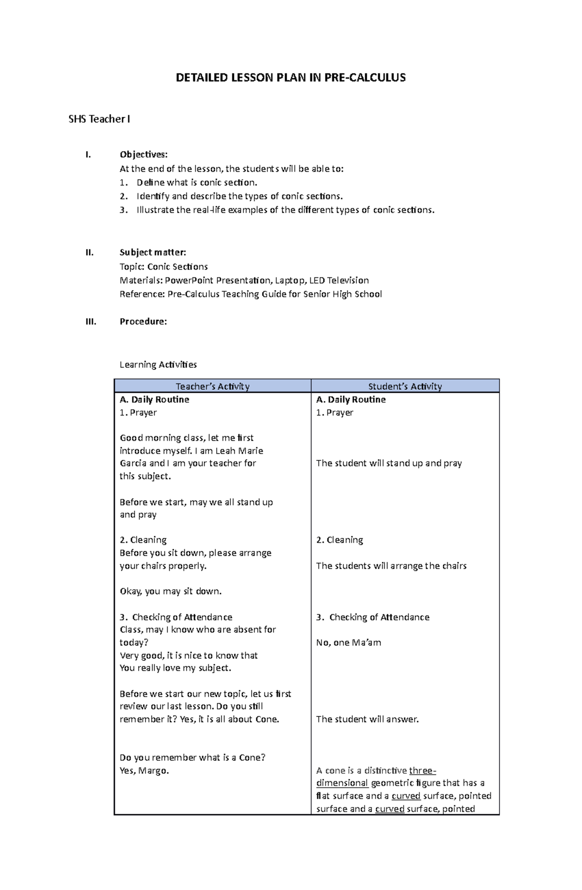 SHS Lesson PLan - DETAILED LESSON PLAN IN PRE-CALCULUS SHS Teacher I I ...
