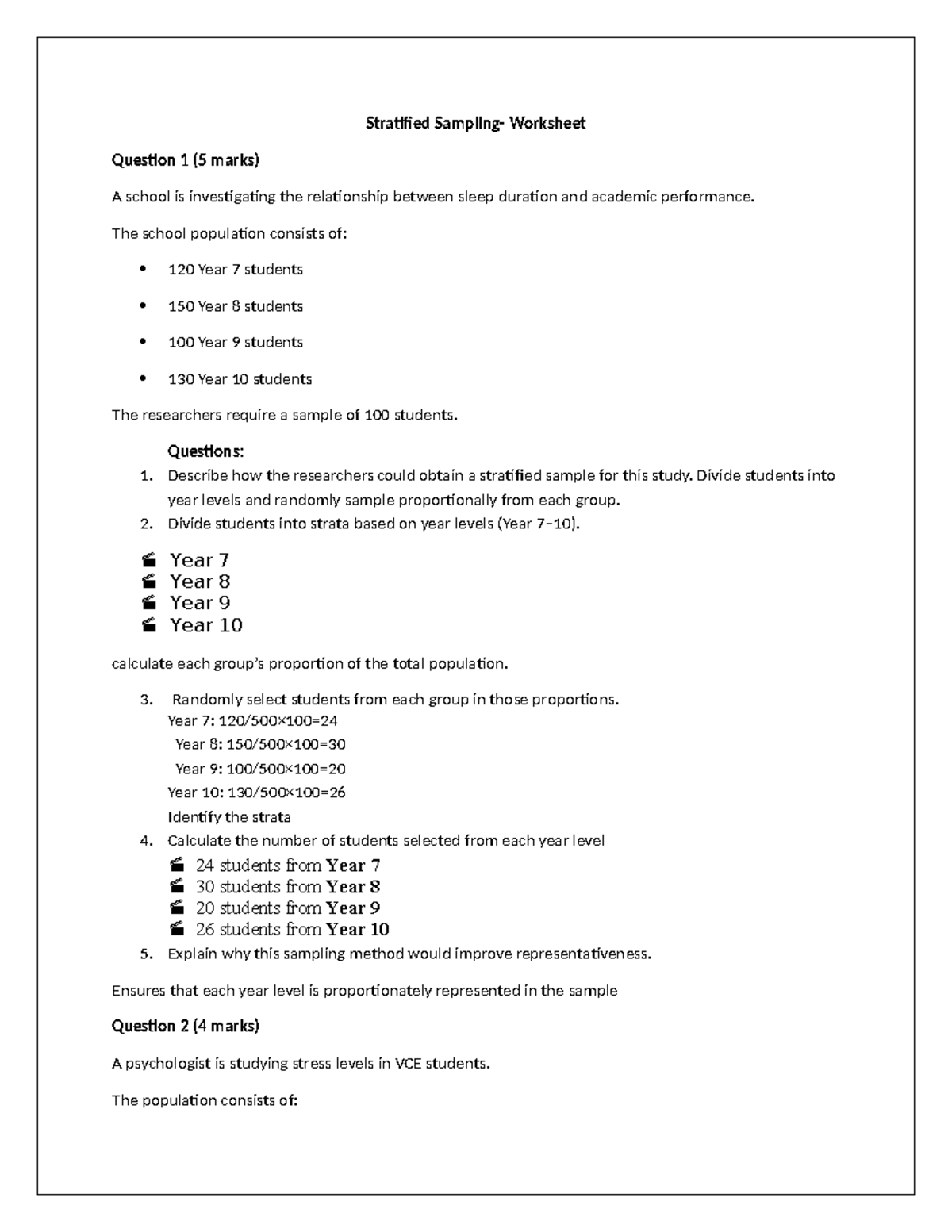Stratified Sampling Worksheet - Analysis & Methodology - Studocu