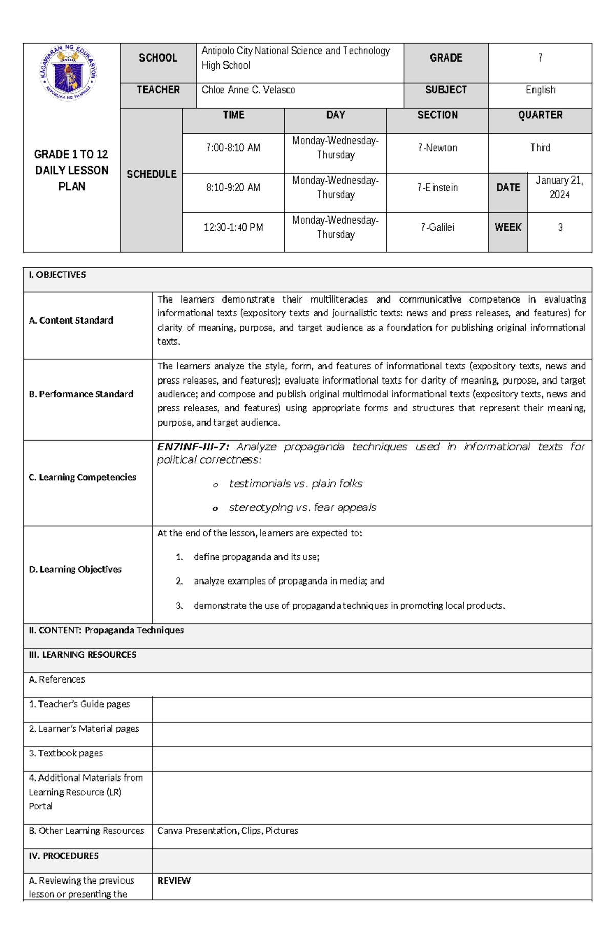 LP-7 English Lesson Plan: Analyzing Propaganda Techniques - Studocu