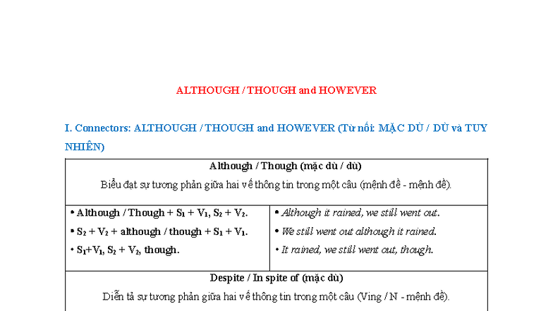 Connectors: Although, Though, and However - Grammar Notes - Studocu