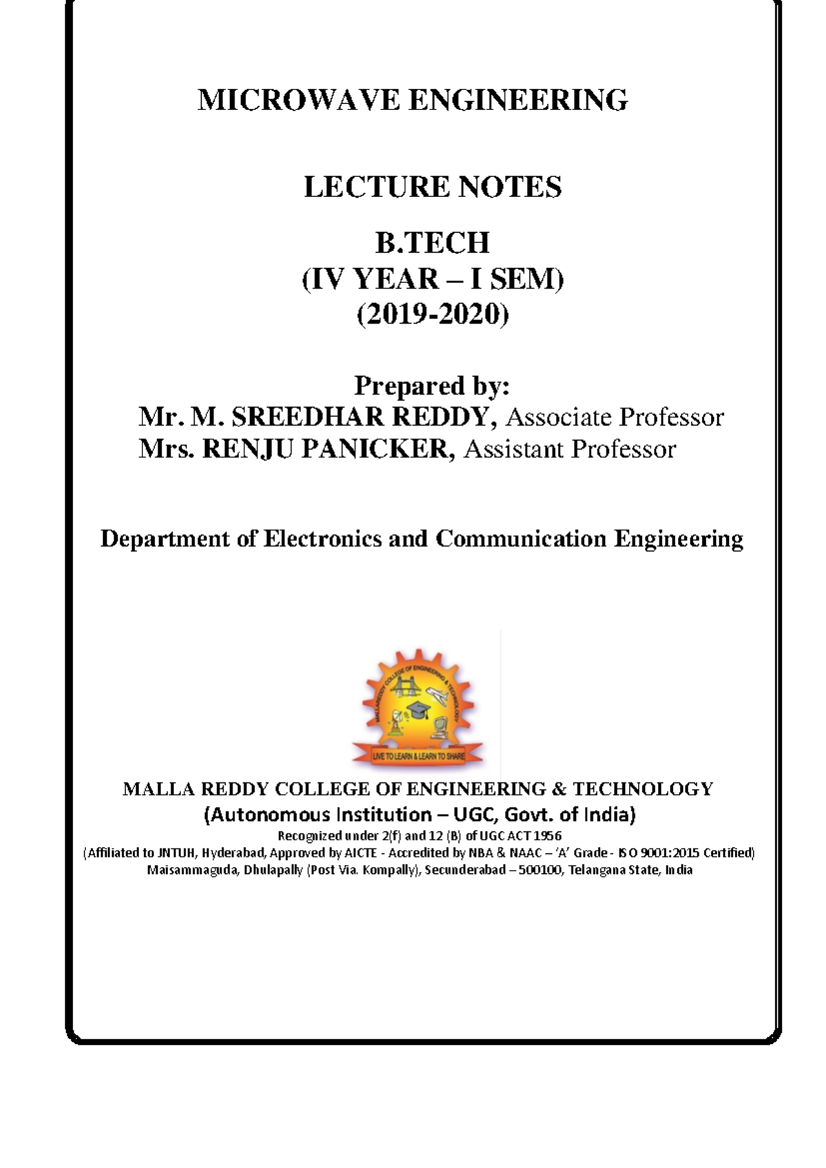 Microwave Engineering - MICROWAVE ENGINEERING LECTURE NOTES B (IV YEAR ...