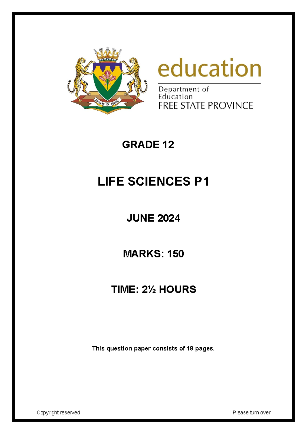 LIFE Sciences P1 June 2024 Question Paper (QP) - Grade 12 Exam - Studocu