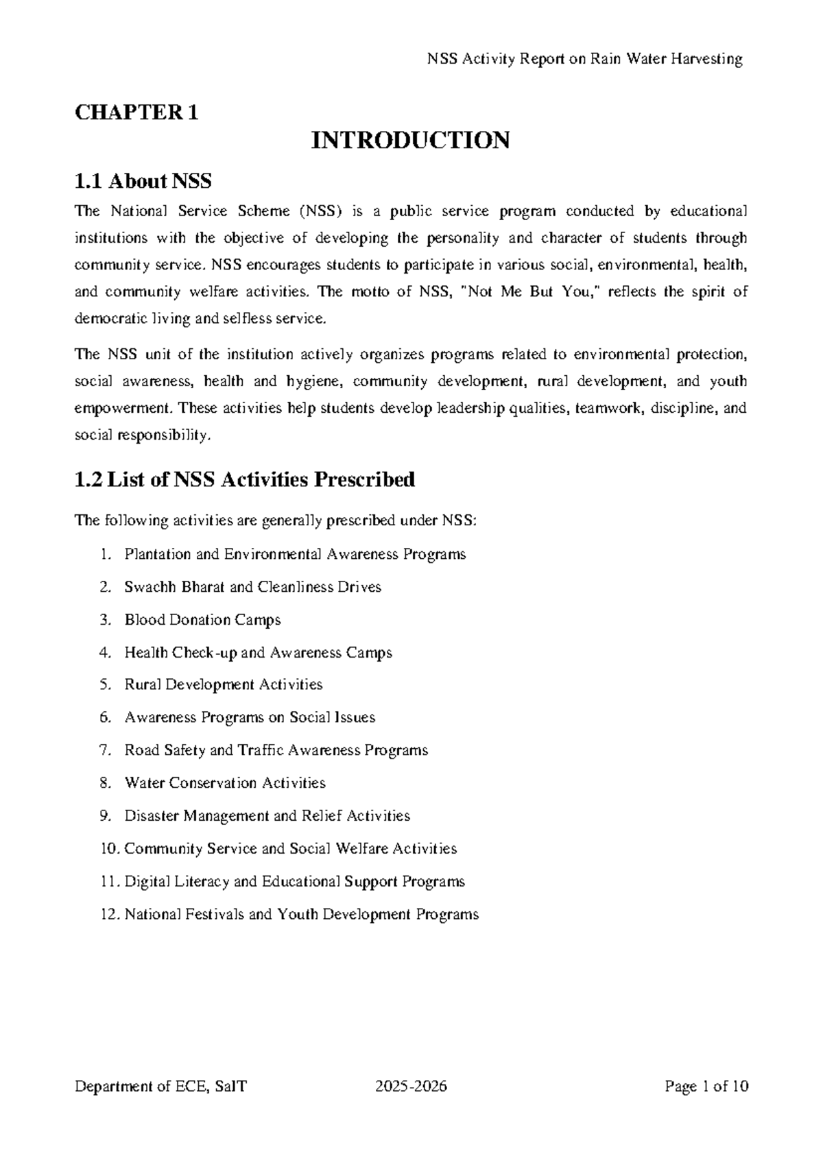 NSS Activity Report: Rain Water Harvesting Initiatives (ECE) - Studocu