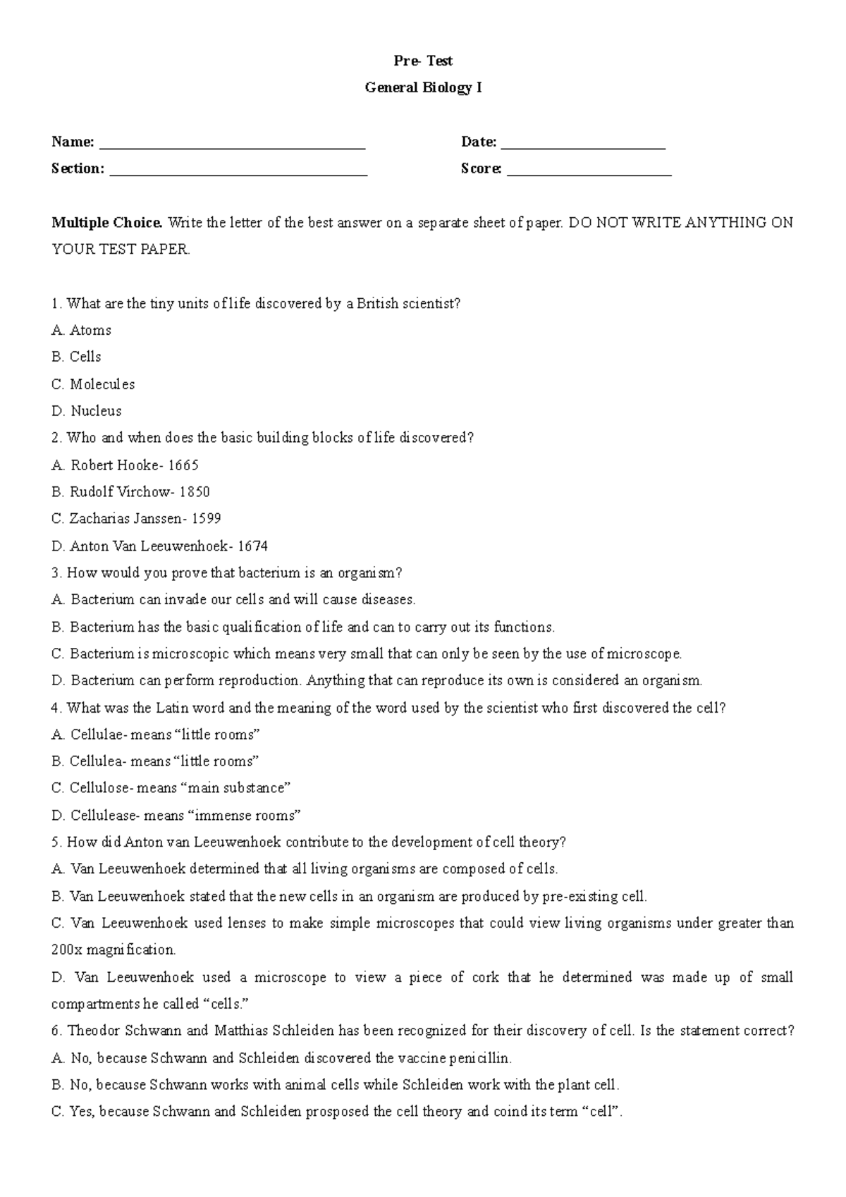 General Biology I - Pretest Practice Materials and Questions - Studocu