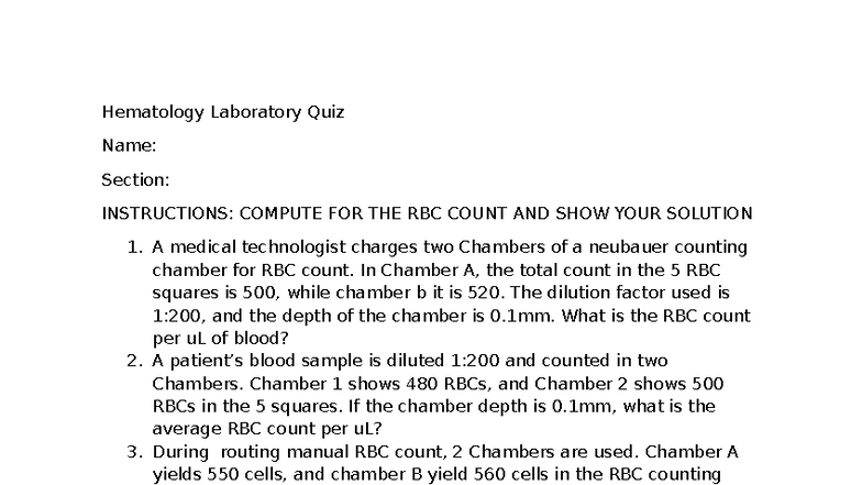Hematology Lab Quiz: RBC Count Calculations and Solutions - Studocu