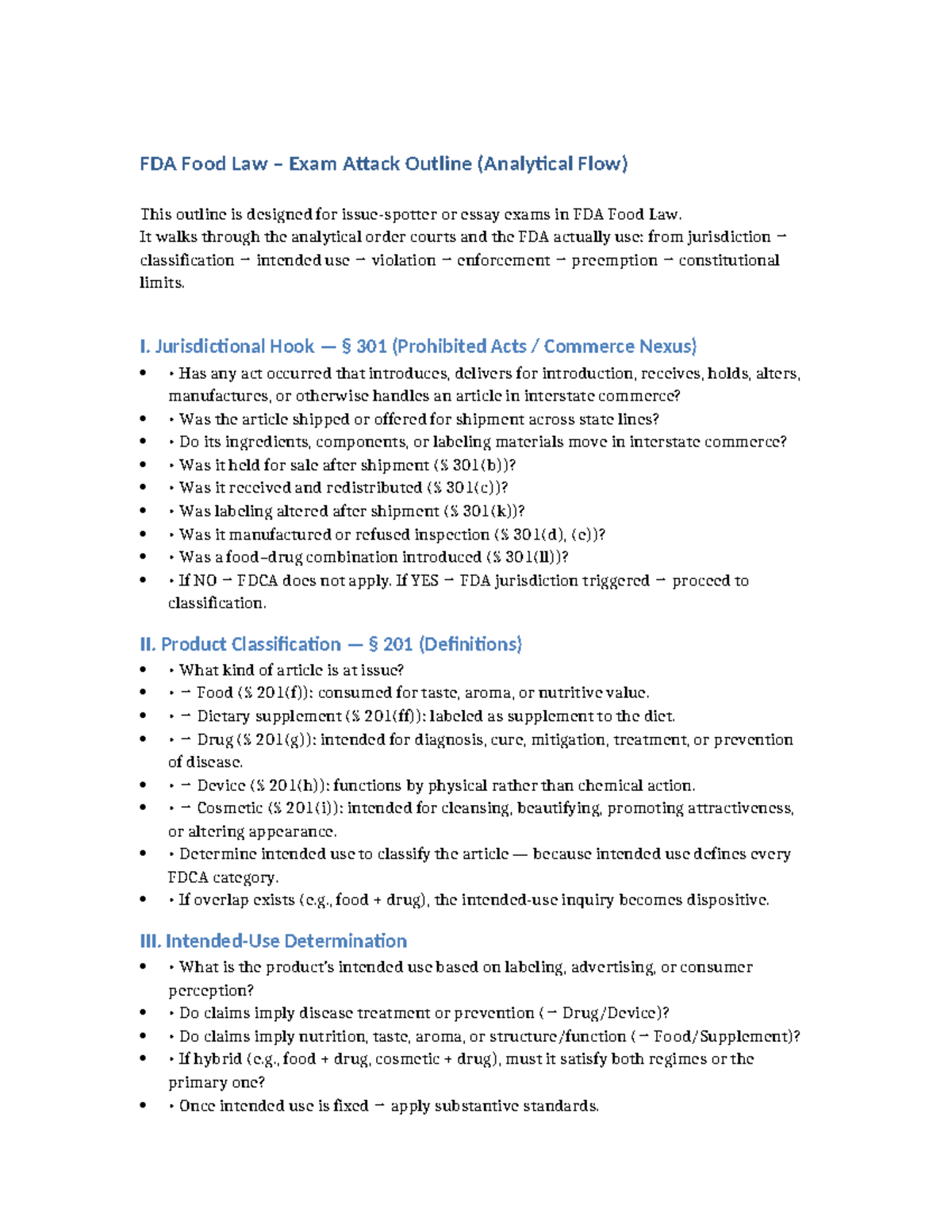 FDA Food Law Exam Outline: Analytical Flow for Essay Exams - Studocu
