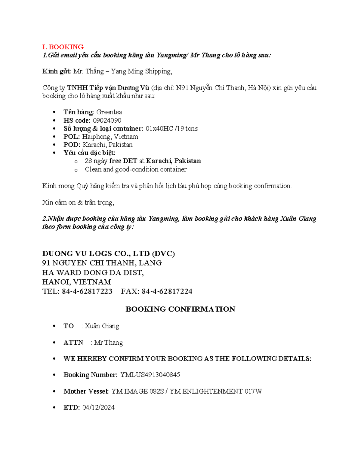 E3-Booking Confirmation for Yang Ming Shipping Request - Studocu