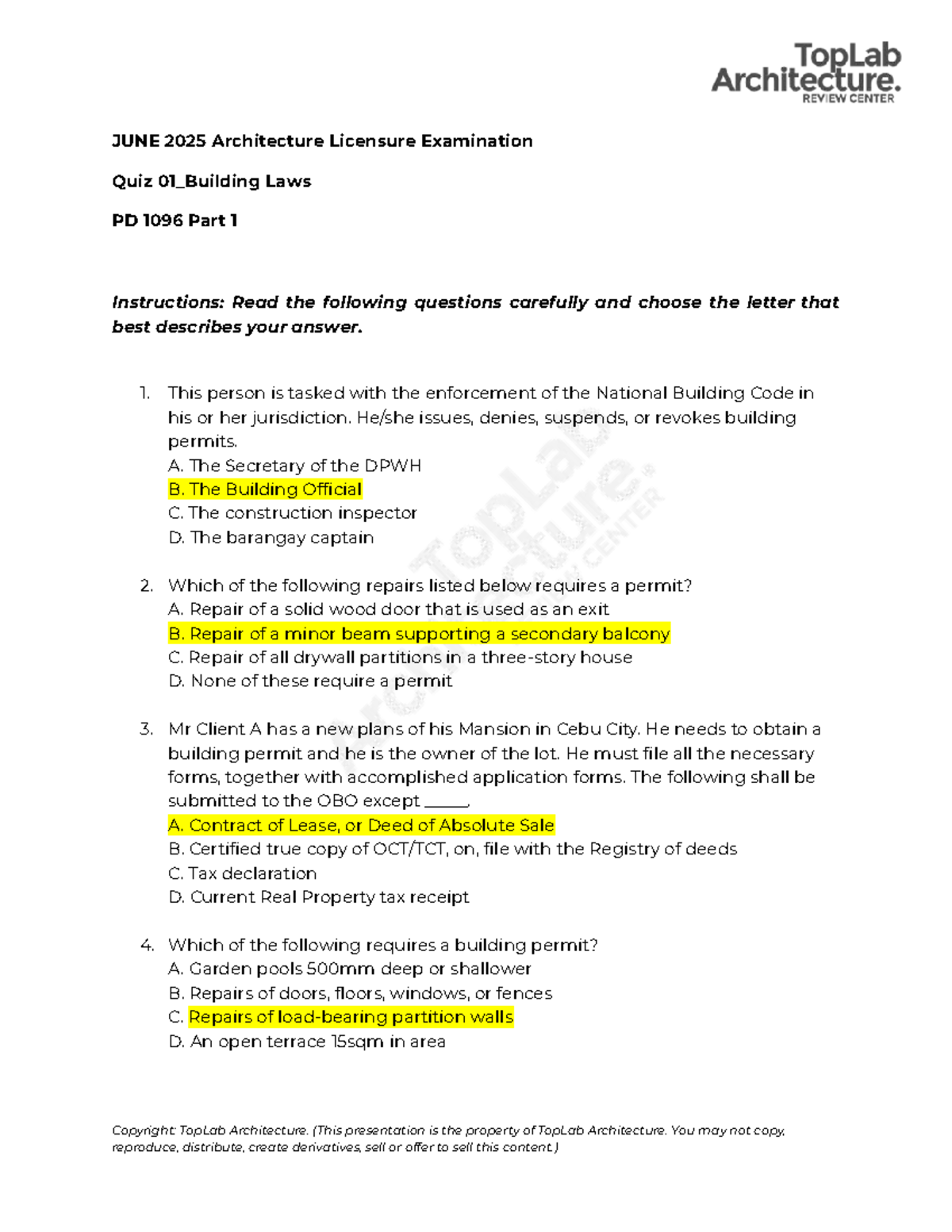 JUNE 2025 Architecture Licensure Exam Quiz 01: Building Laws PD 1096 Part 1 - Studocu