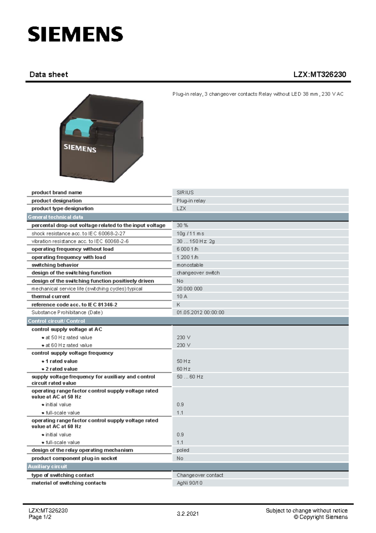 LZX:MT Relay Data Sheet Overview - SIRIUS Plug-in Relay Specifications ...