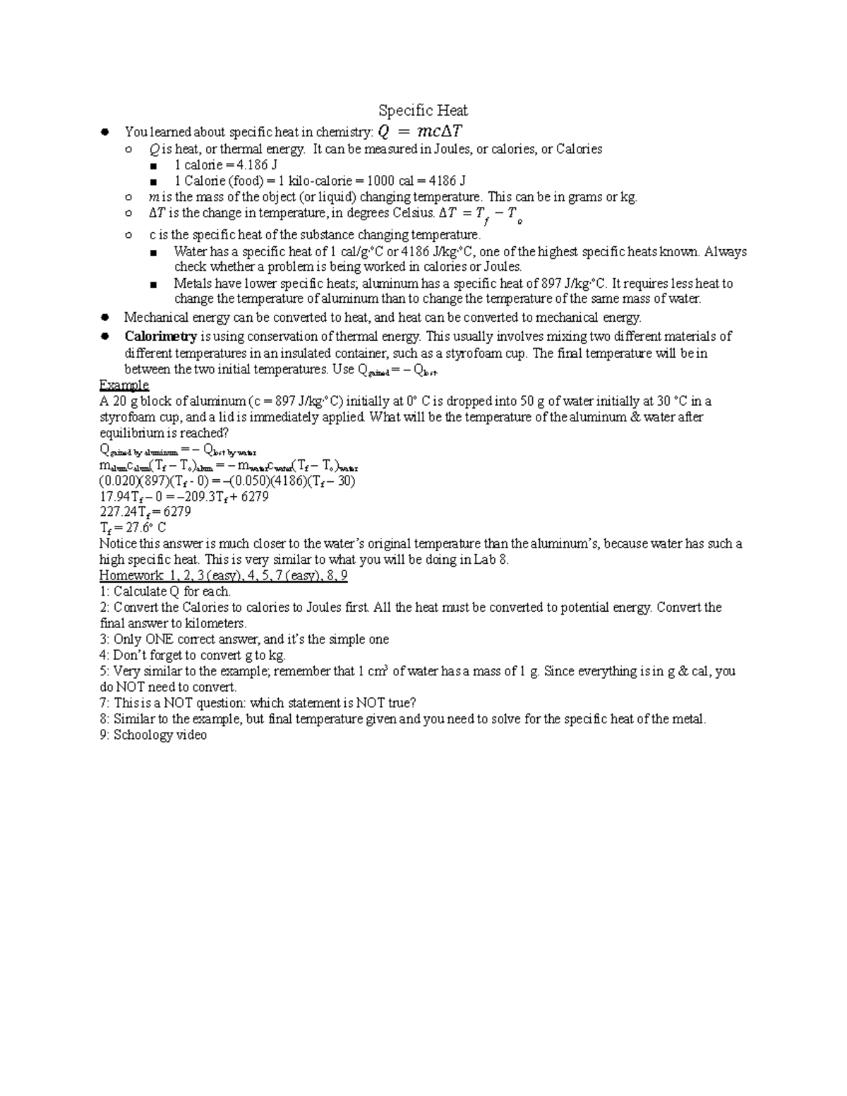 Specific Heat Overview for Chemistry (Course Code 2024) - Studocu