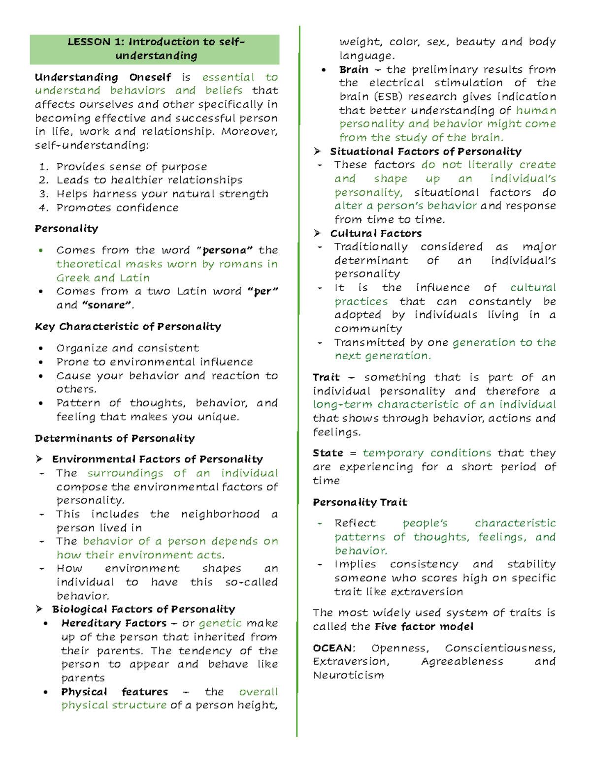 UTS Lesson 1: Introduction to Self-Understanding and Personality - Studocu