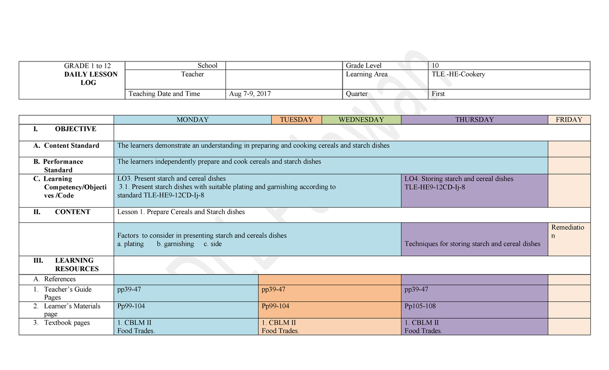 TLE-HE10 Daily Lesson Log: Preparing Cereals & Starch Dishes - Studocu