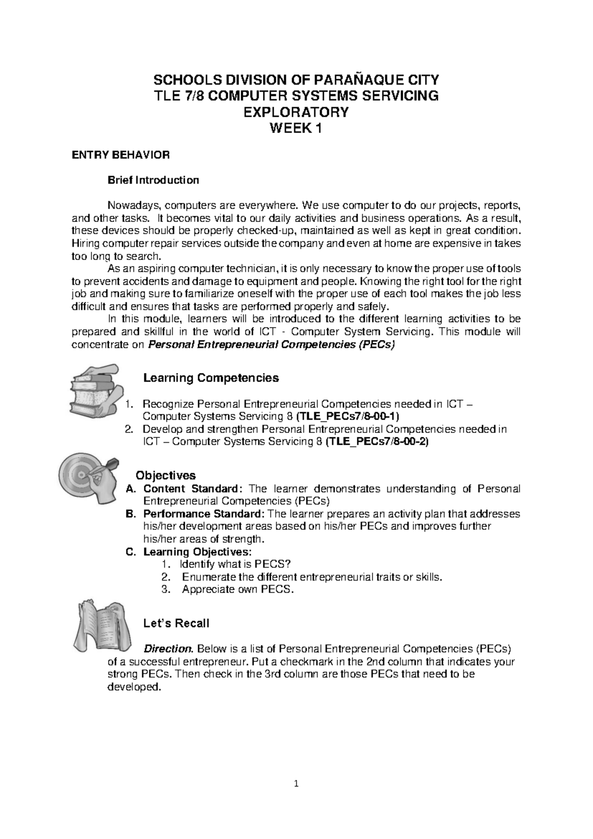 TLE Grade 7 8 Module 1 Quarter 1 Week1-PECS - SCHOOLS DIVISION OF ...