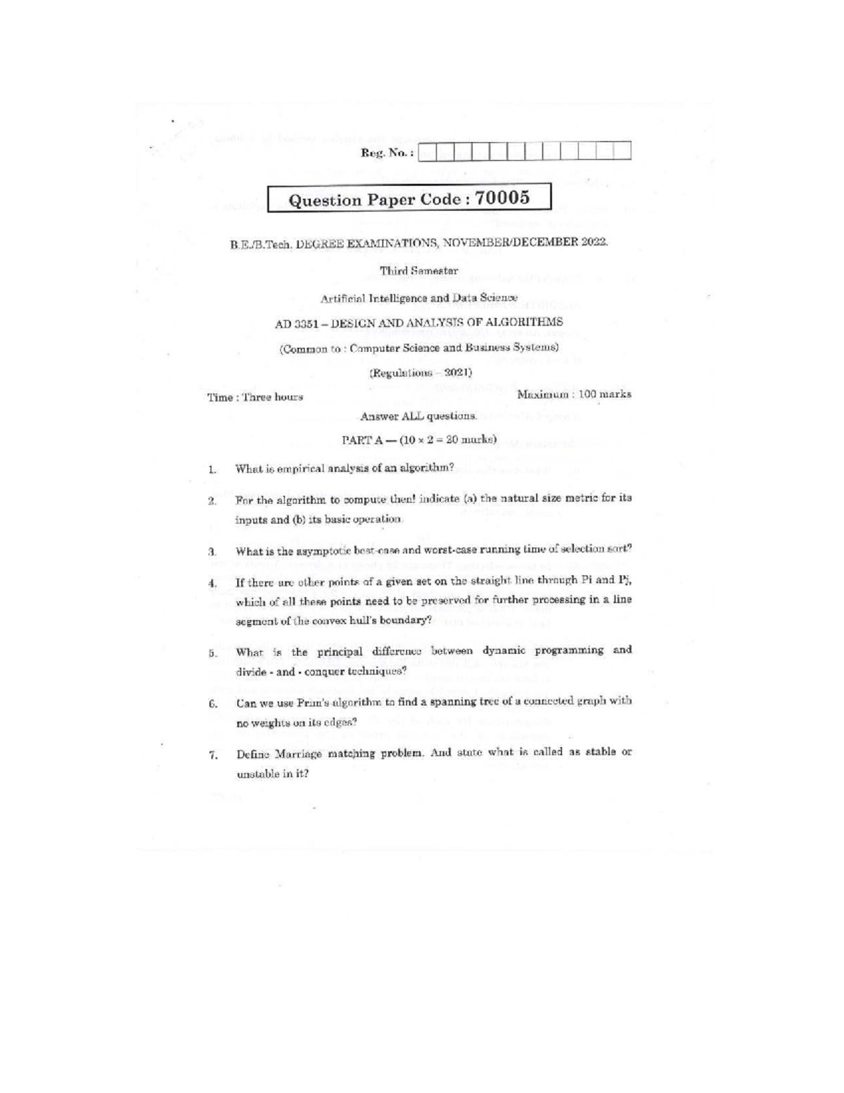 AD 3351 - Final Exam Question Paper on Design and Analysis of ...