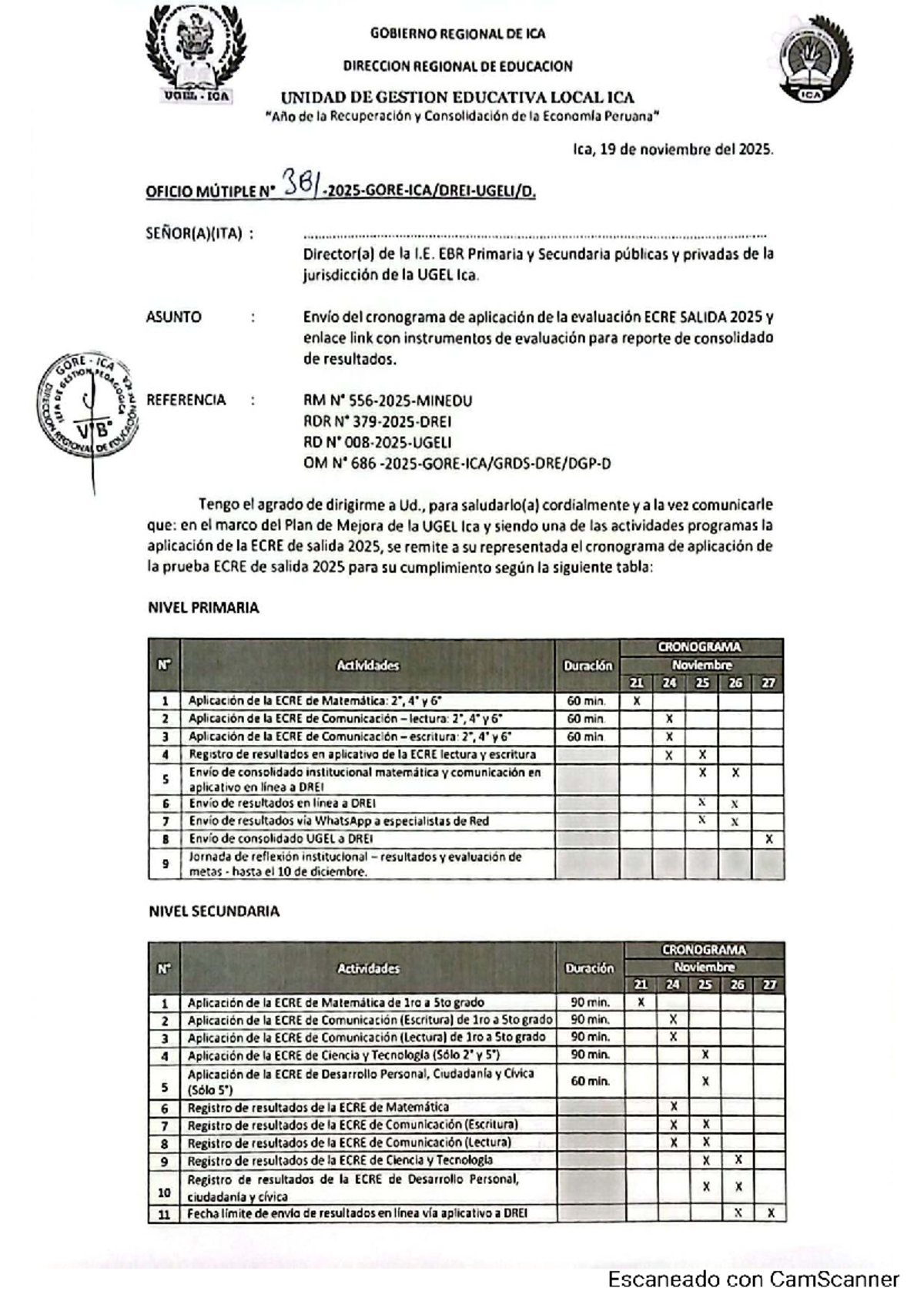Oficio Múltiple 381: Cronograma ECRE Salida 2025 - UGEL Ica - Studocu