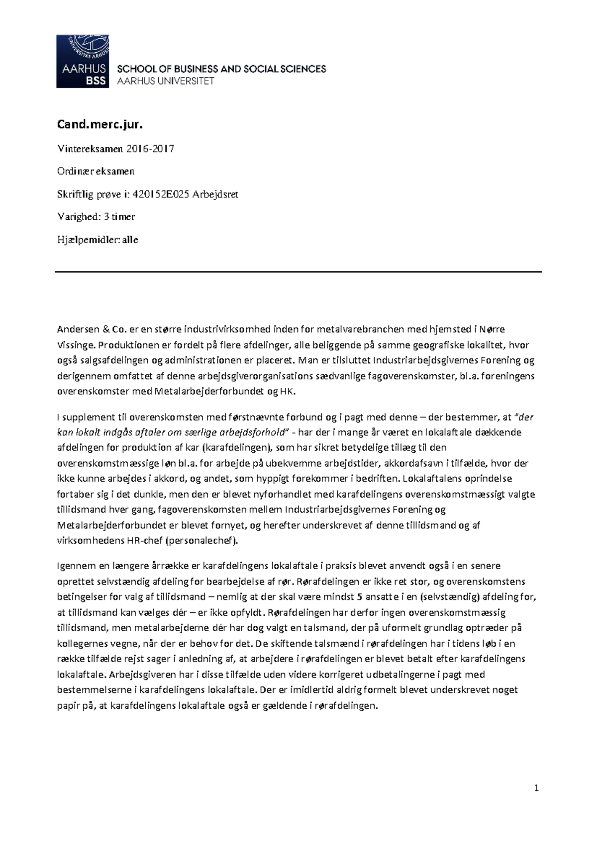 Cand.merc.jur. Vintereksamen 2016: Arbejdsret og Lokalaftaler - Studocu