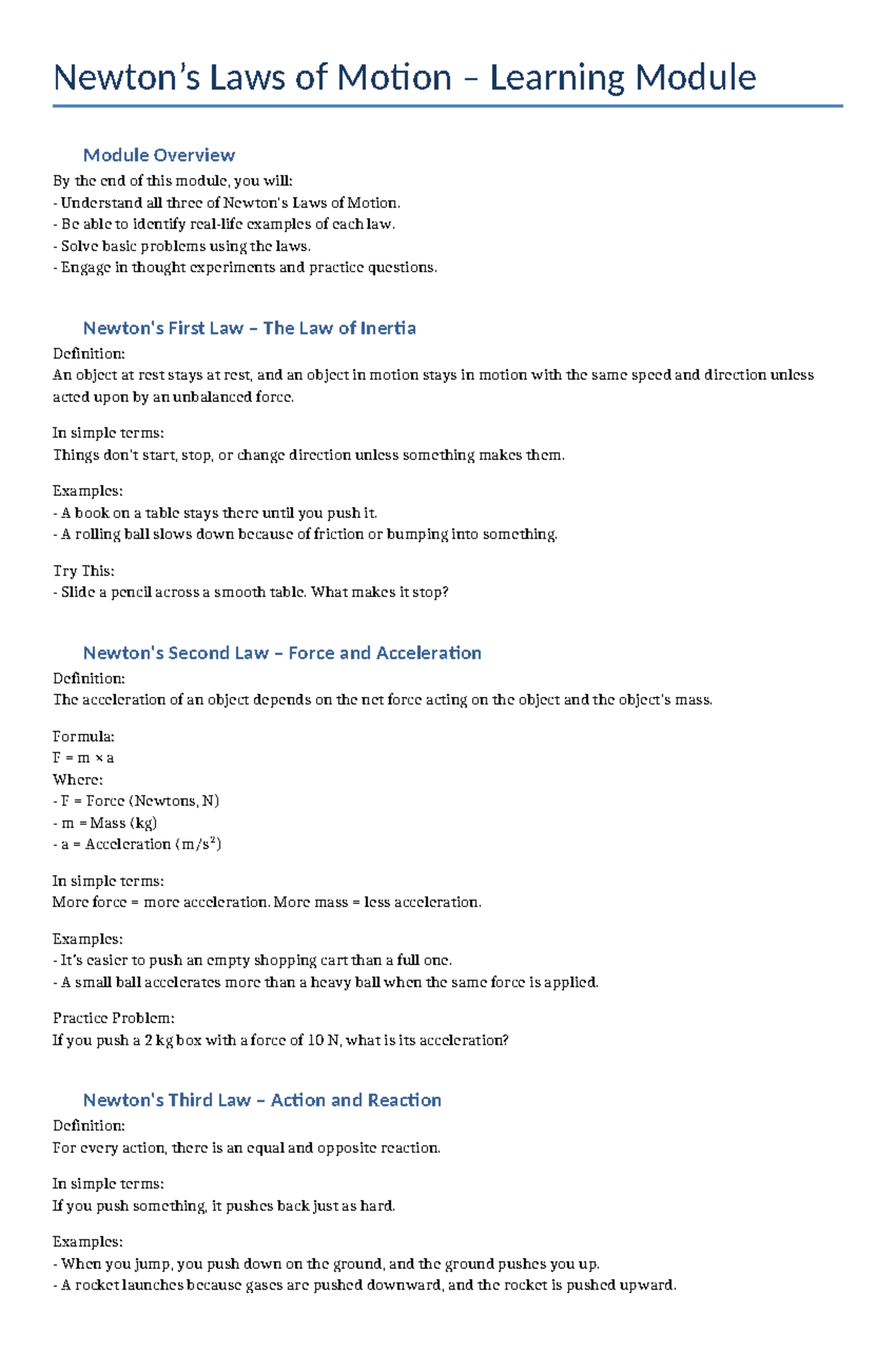 PHYS 101: Newton's Laws of Motion Learning Module Overview - Studocu